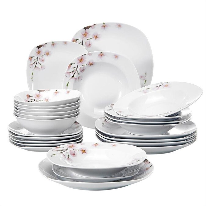 Veweet Annie Series 24 Porcelain Dinnerware Set Square White Dinner Plates Set For Soup Dessert
