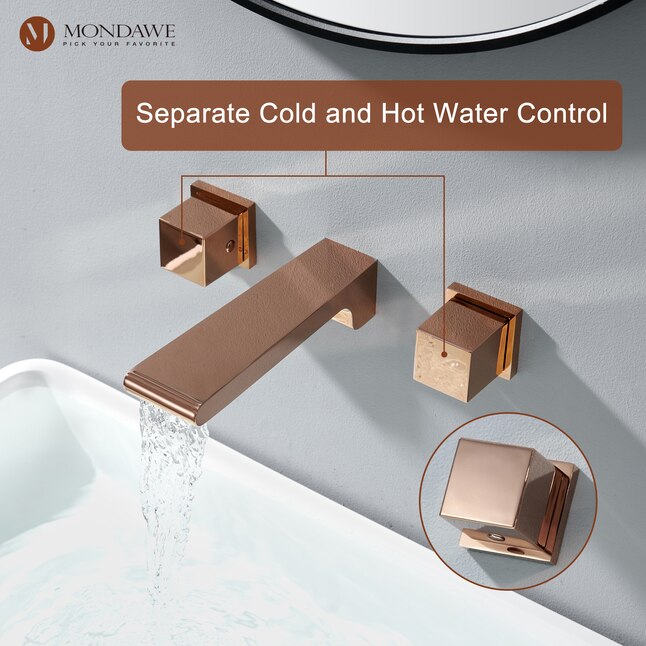 Mondawe Rose Gold 2 Handle Wall Mount Waterfall Bathroom Sink Faucet In