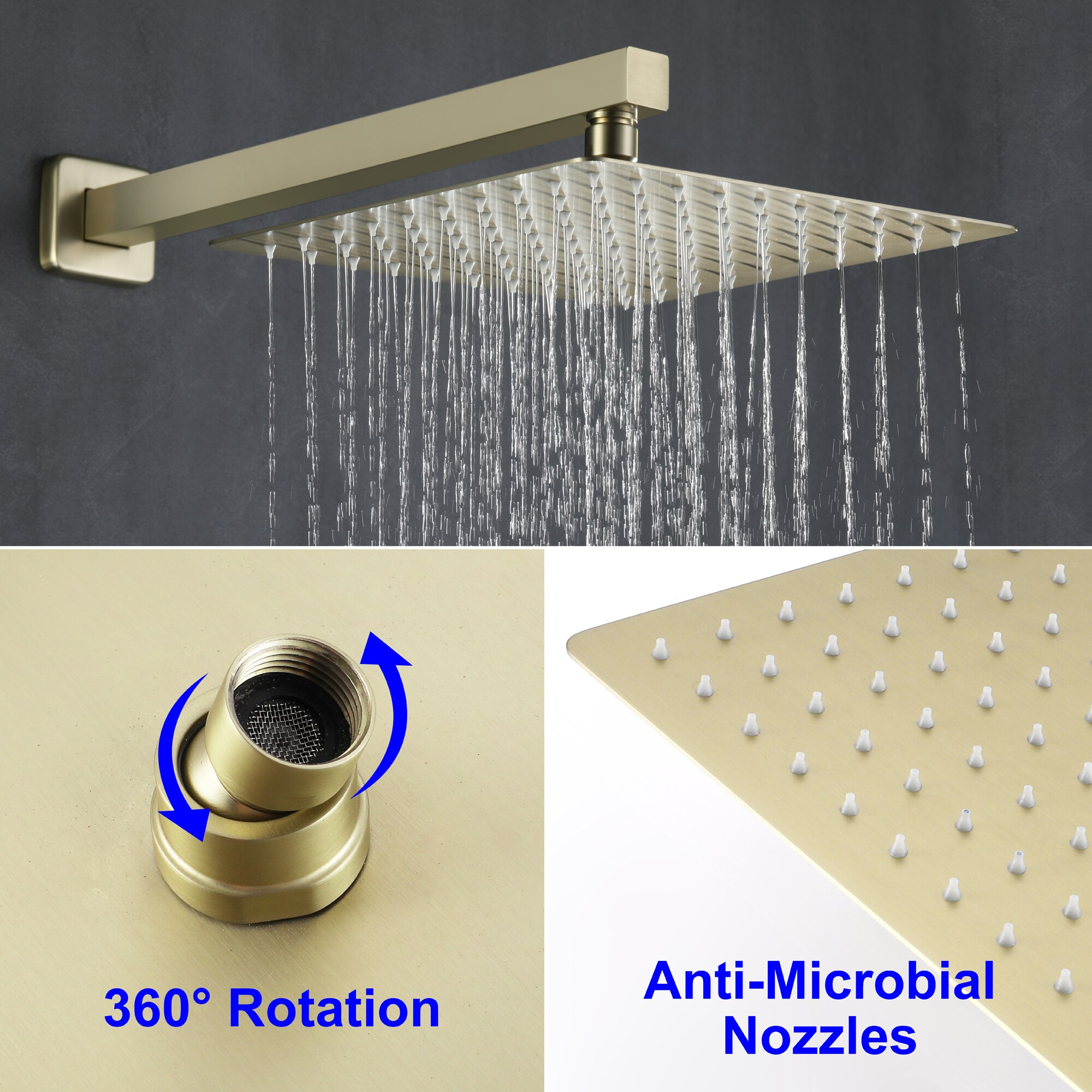 Wellfor Concealed Valve Shower System Brushed Gold Dual Head Waterfall