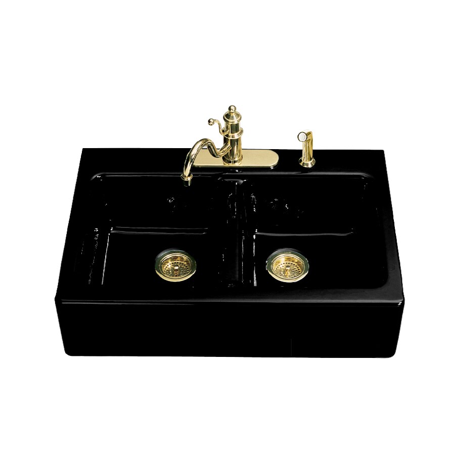 KOHLER Hawthorne 22.125-in x 33-in Black Double-Basin Cast Iron Tile-In ...