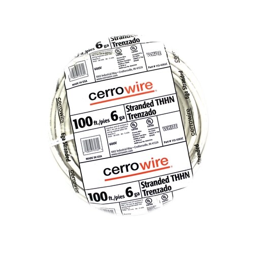 Cerro Wire 100-ft 6-AWG Stranded White THHN Wire (By-the-Roll) at Lowes.com