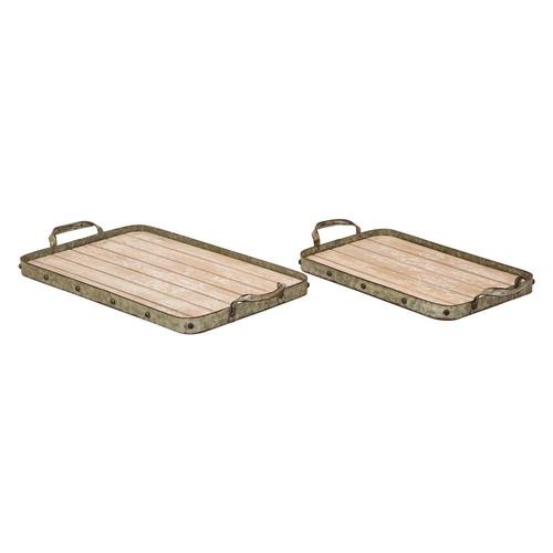 Glitzhome 2-Pack Natural Wood with Galvanized Metal Frame Serving Tray ...
