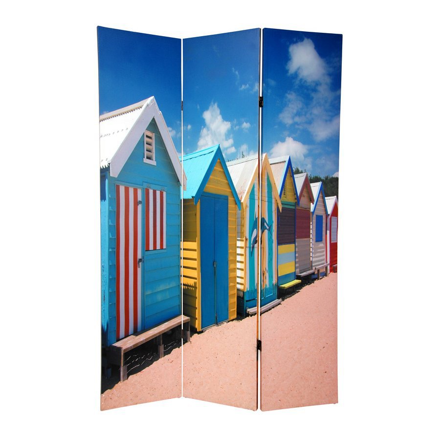 Oriental Furniture Beach Cabana 3-Panel Multi Wood and Fabric Folding ...
