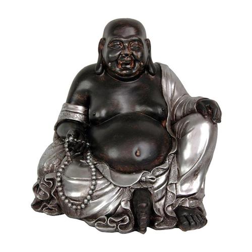 Oriental Furniture Silver Patina Sitting Happy Buddha Tabletop Statue ...