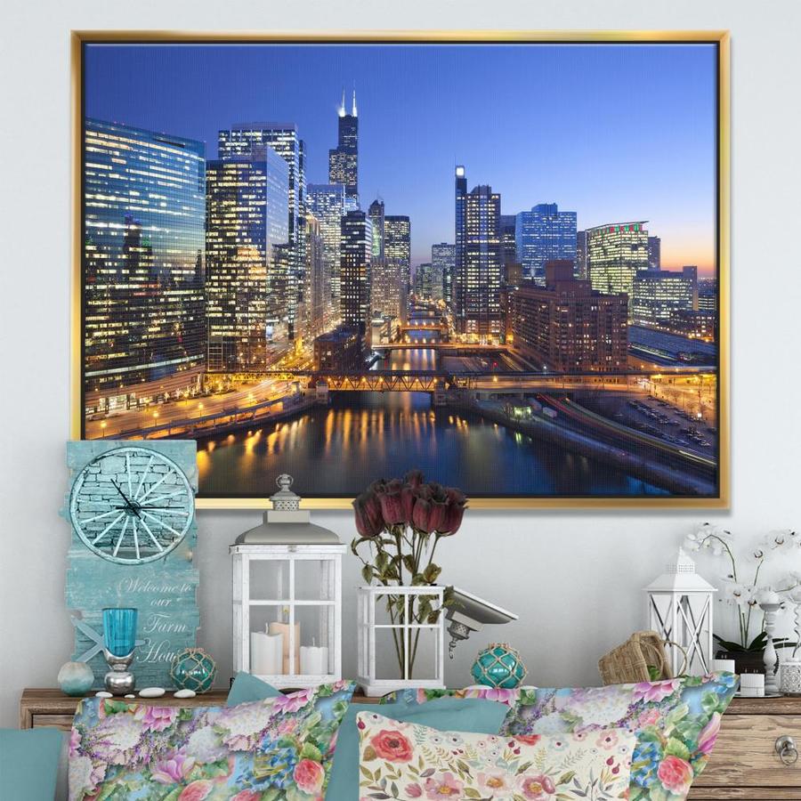 Designart Chicago River with Bridges at Sunset- Cityscape Framed Canvas ...