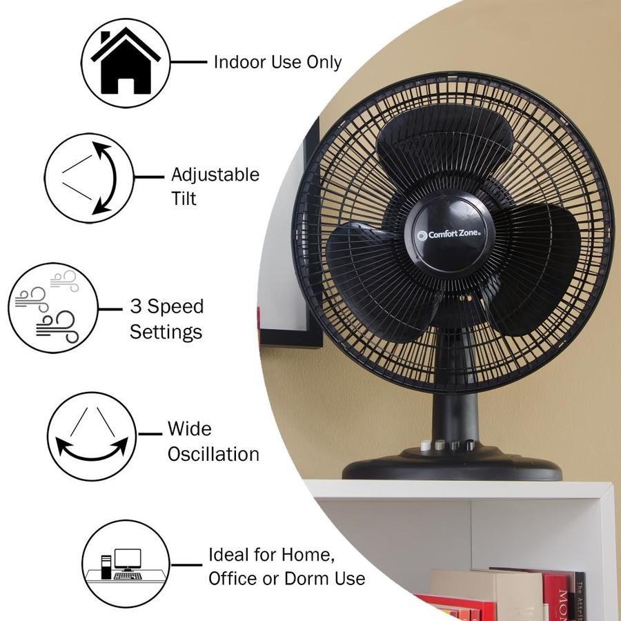 Comfort Zone 12 in. Black Oscillating Table Fan with Adjustable Tilt in ...