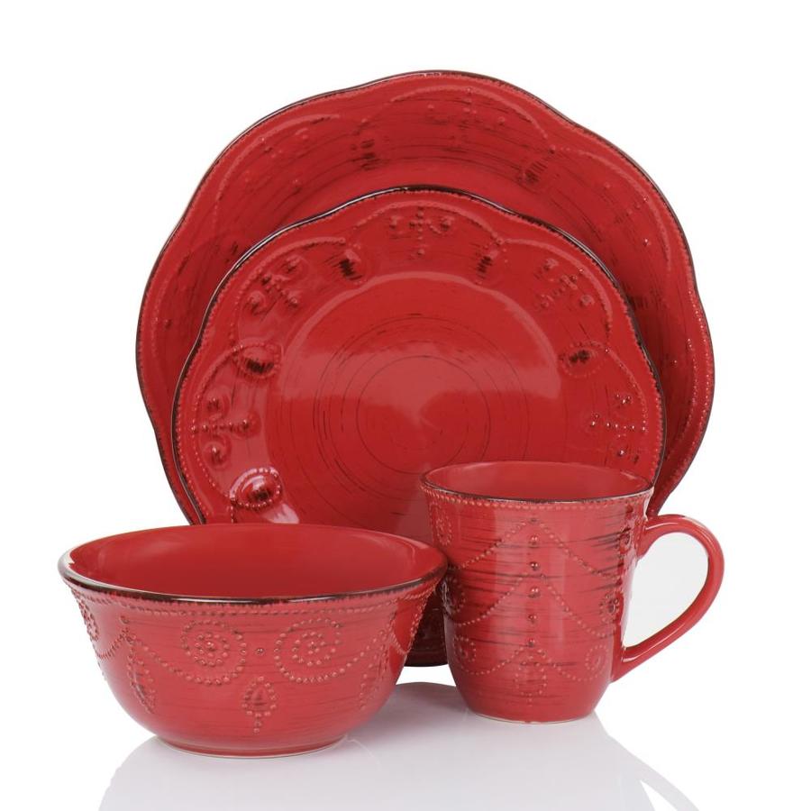 Elama Elama Rustic Birch 16 Piece Stoneware Dinnerware Set in Red in ...
