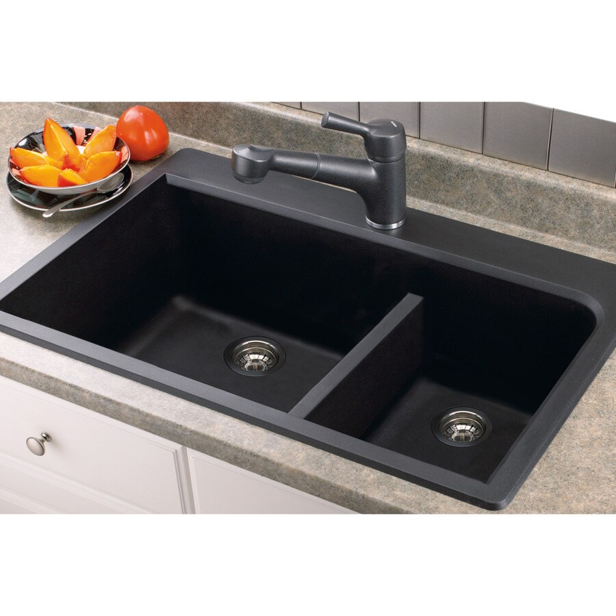 Transolid Radius 33-in x 22-in Black Double Offset Bowl Drop-In 3-Hole ...