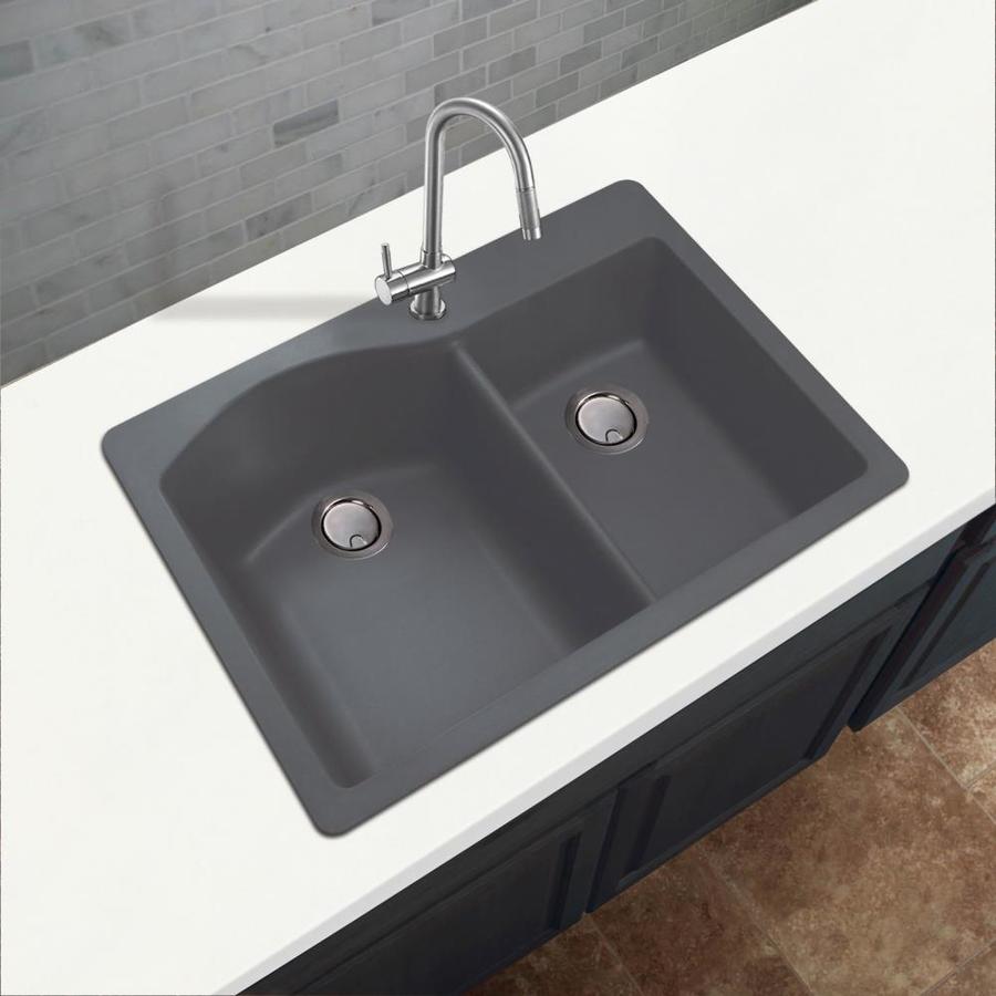 Transolid Aversa Drop-In 33-in x 22-in Grey Double Offset Bowl 1-Hole ...