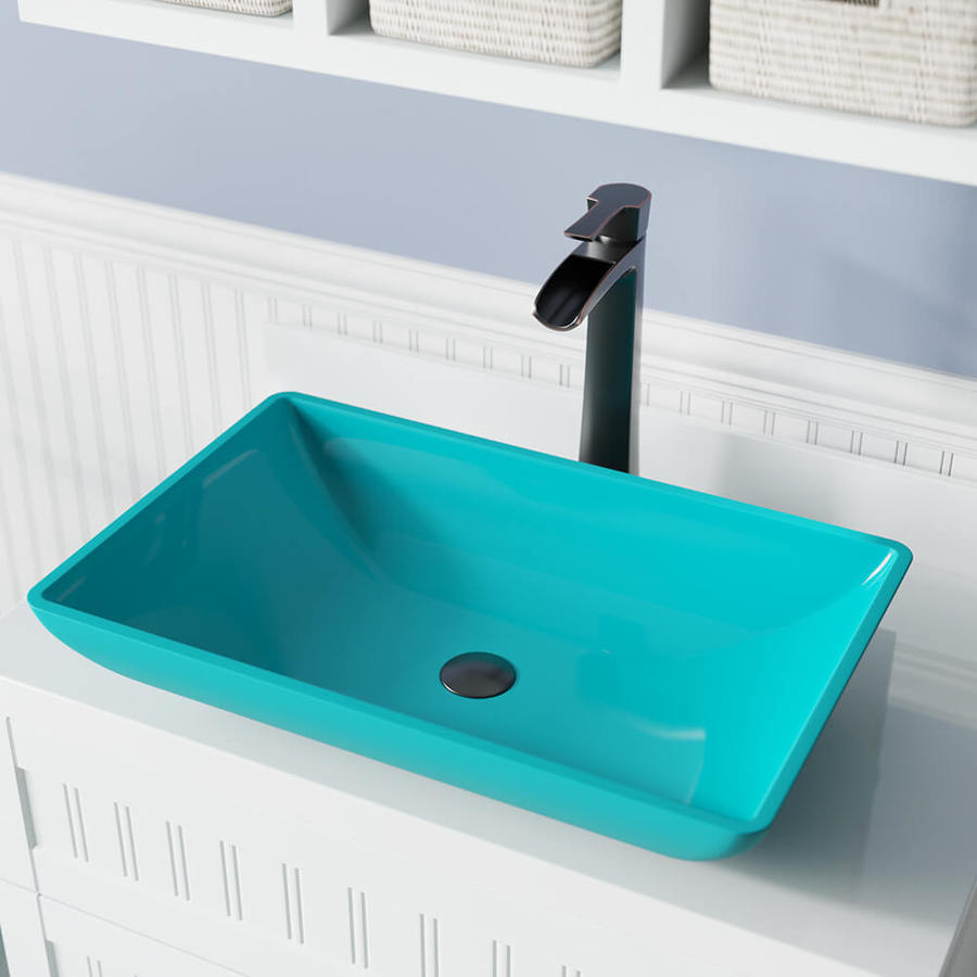 MR Direct Turquoise Tempered Glass Vessel Rectangular Bathroom Sink ...