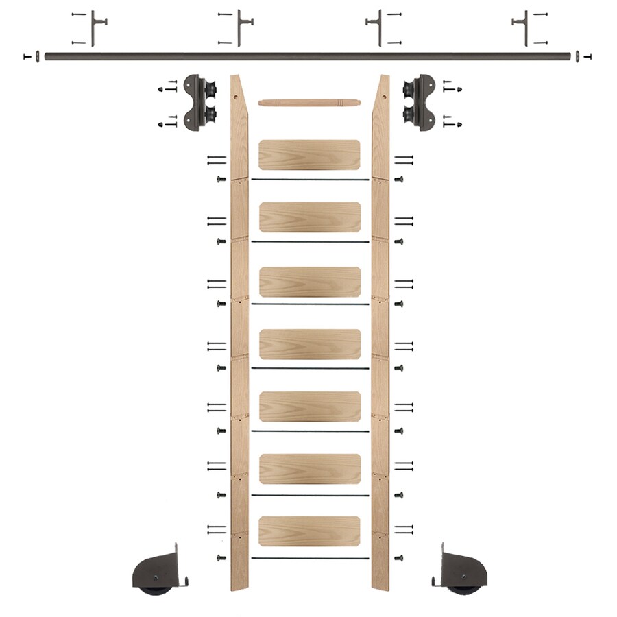 Quiet Glide 8 ft. Red Oak Library Ladder Bronze Contemporary Rolling ...