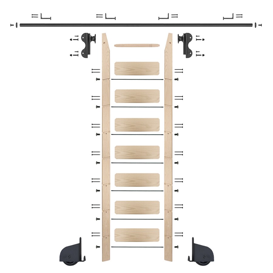 Quiet Glide 8 ft. Maple Library Ladder Black Contemporary Rolling Hook ...