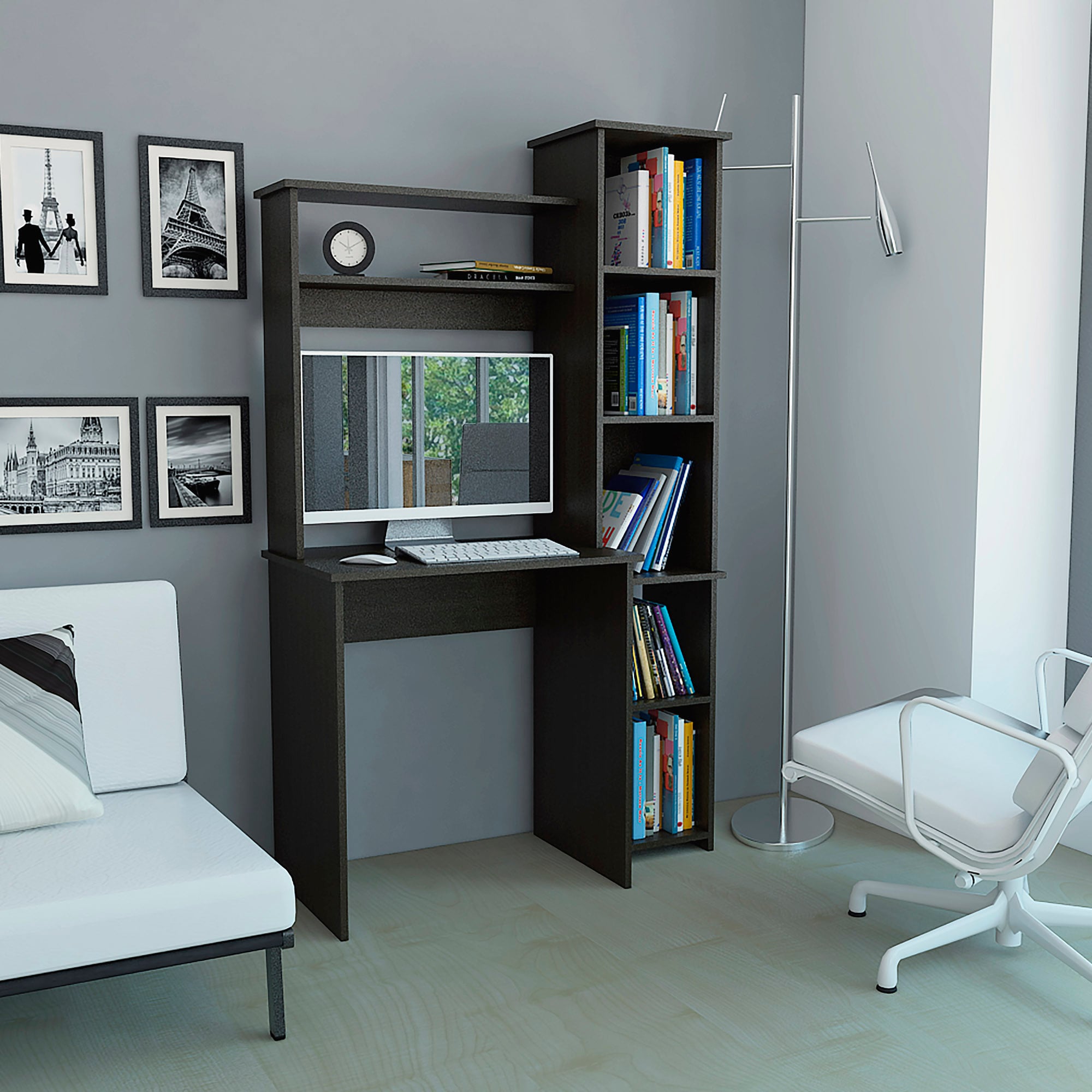 Blisstyle Wenge 6 Shelf Writing Desk with Built in Bookcase Office Desk ...