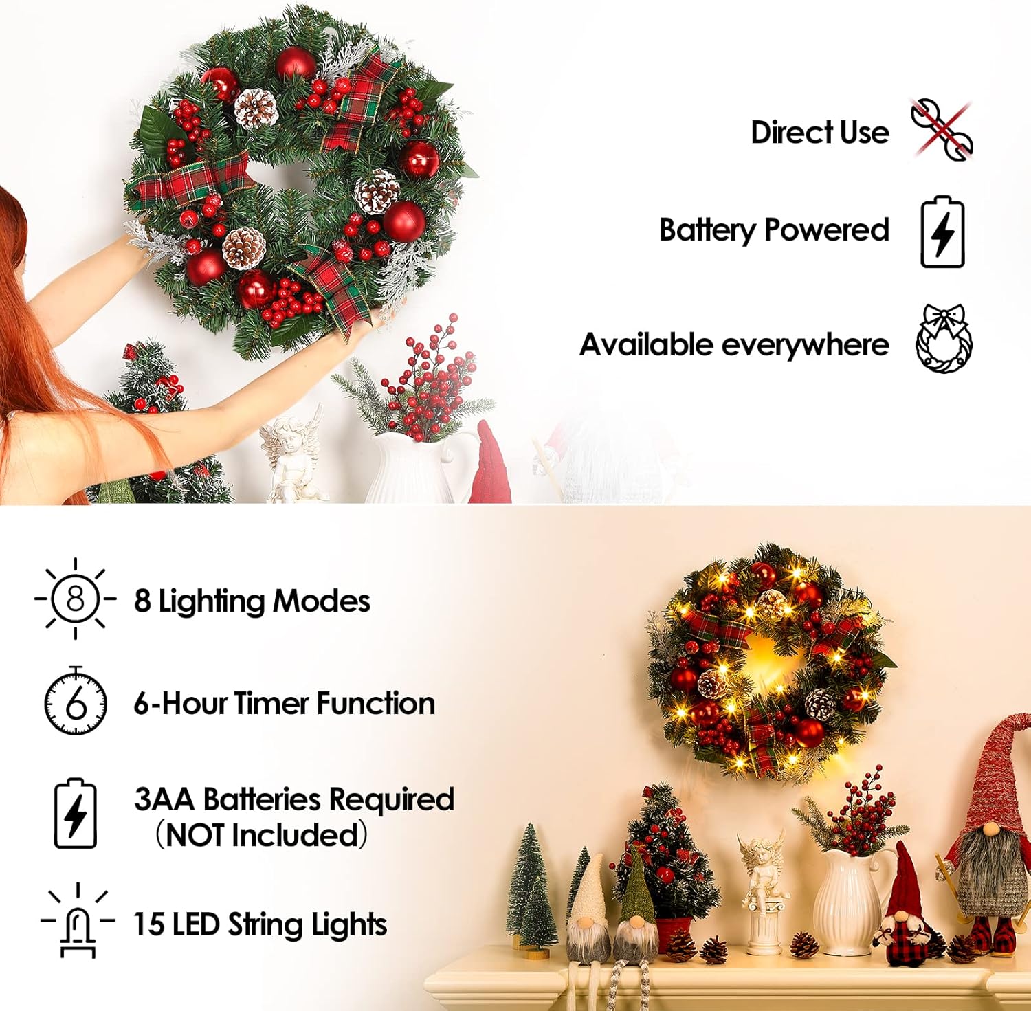 GMC 18 in Prelit Christmas Wreath for Front Door Battery Operated ...