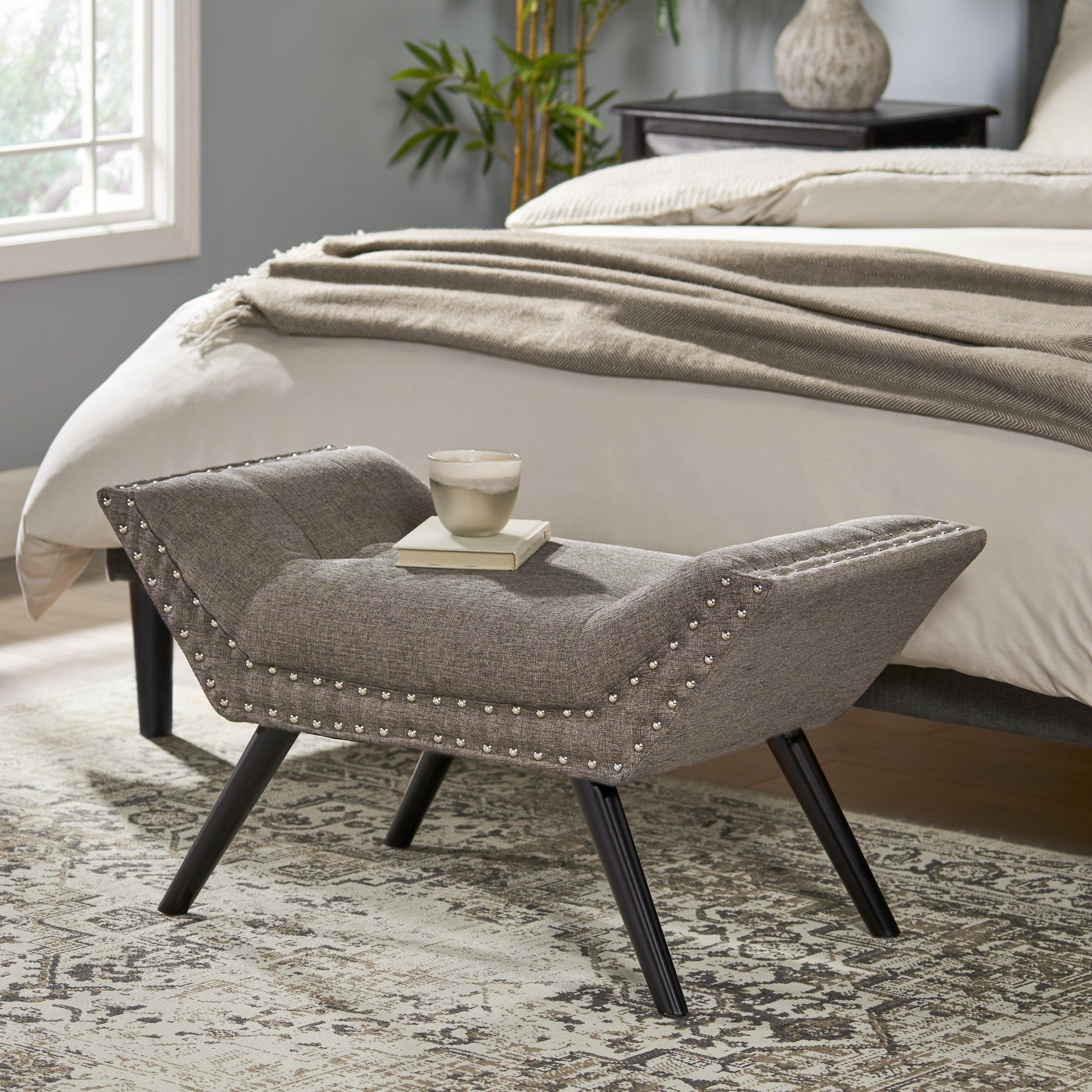 LOVMOR Modern Button Tufted Sitting Bench Accent Fabric Upholstered ...