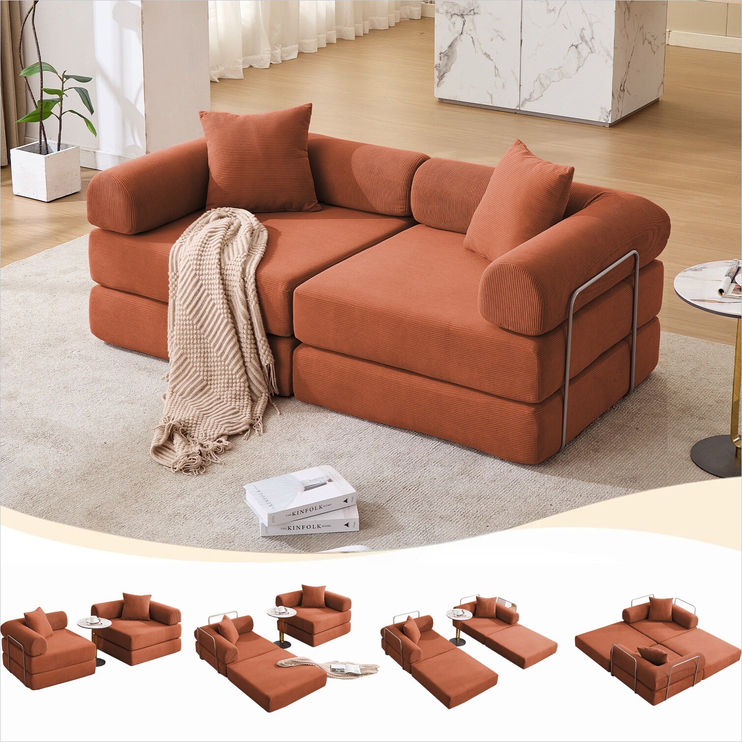 SUNCREAT Retro Corduroy Modular Sleeper Sofa 2-Seater Convertible to ...