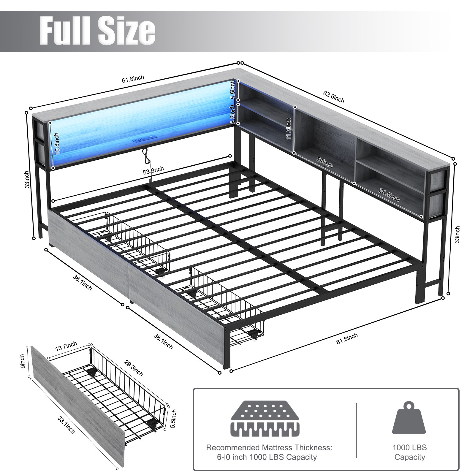 Loebelle Gray Corner Bed Frame Full with Storage Drawers and Bookcase ...