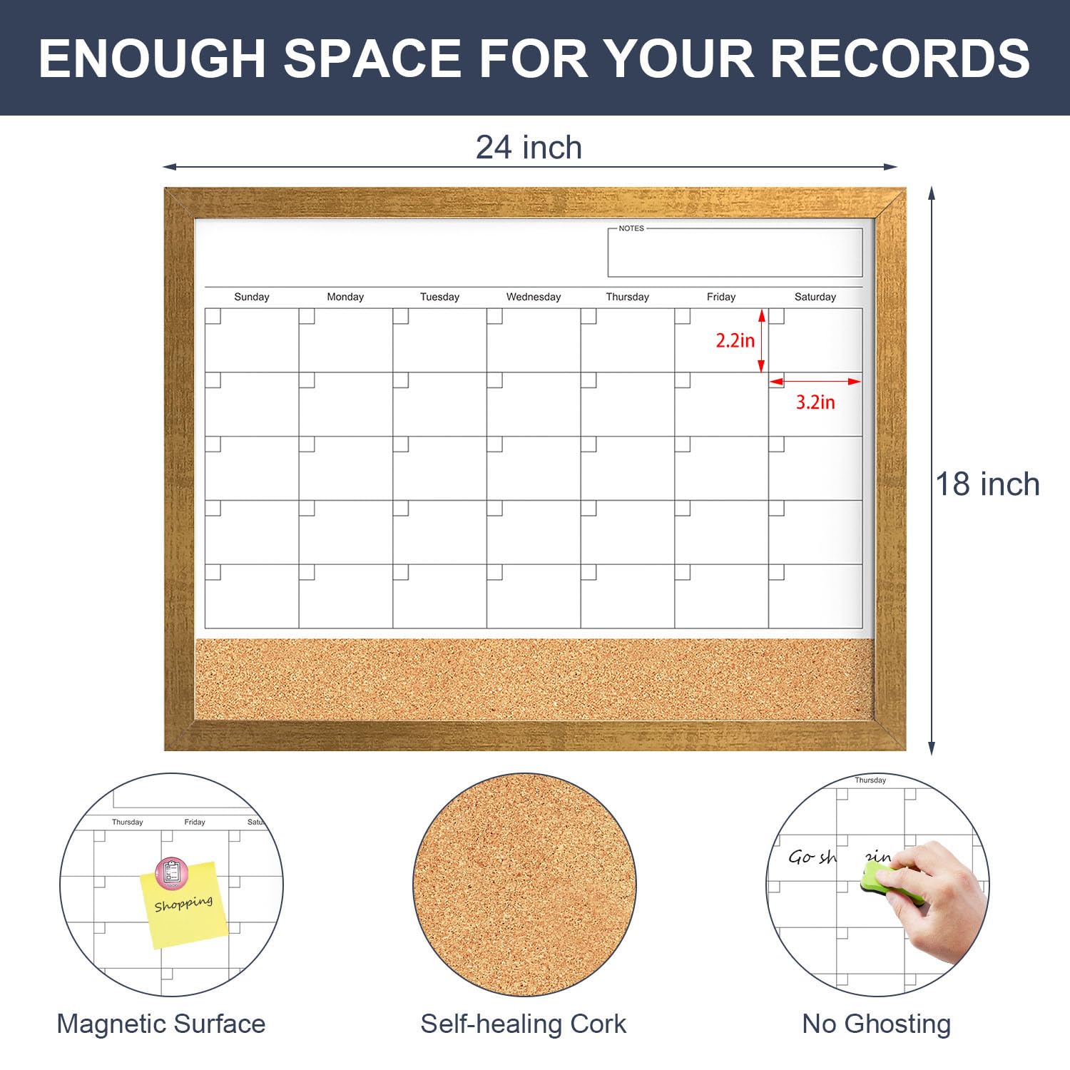 PIGFDK Calendar Whiteboard 18x24 Dry Erase Magnetic Monthly Wood Frame ...