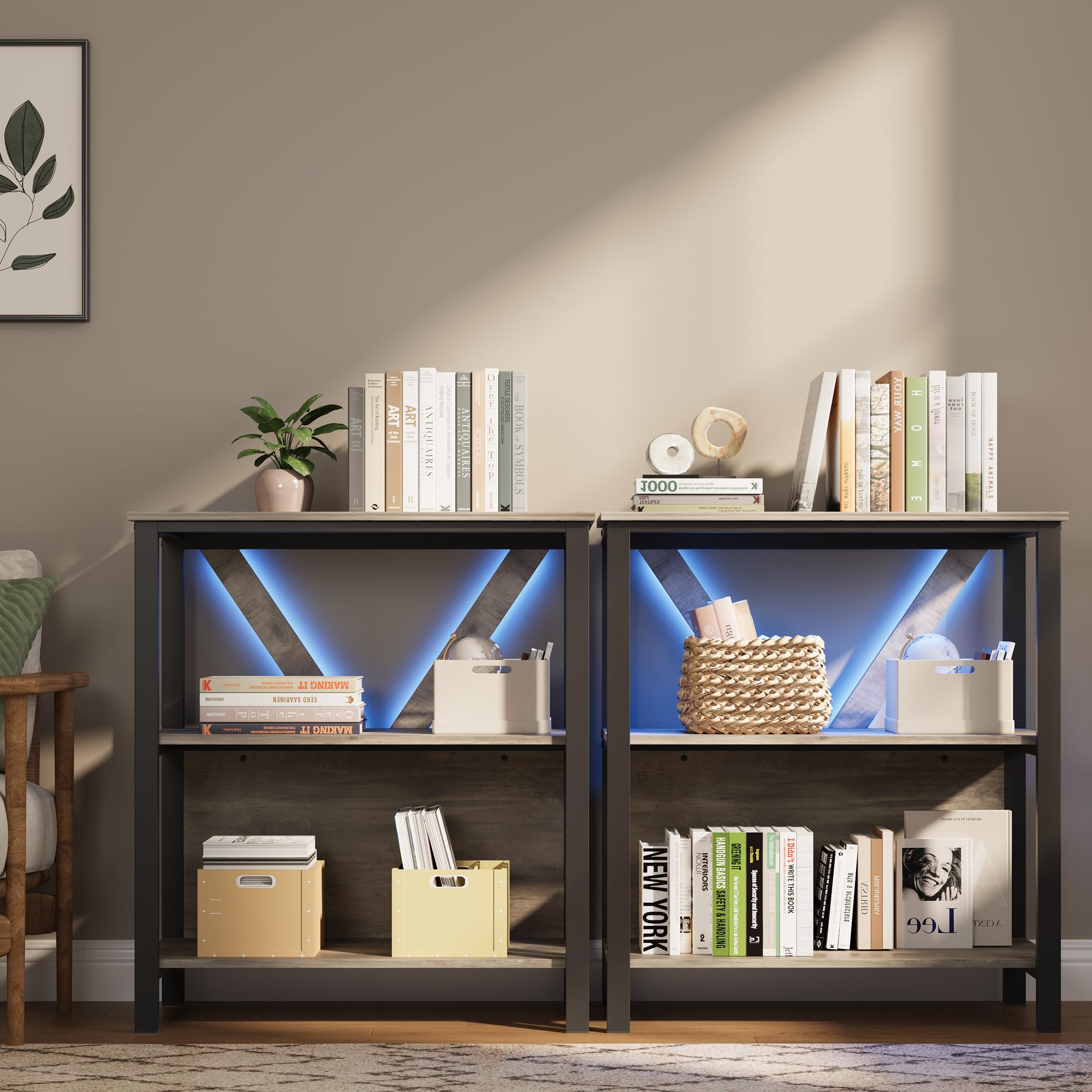Garvee 3 Tier Industrial Bookshelf with LED Lights Metal Display Book ...