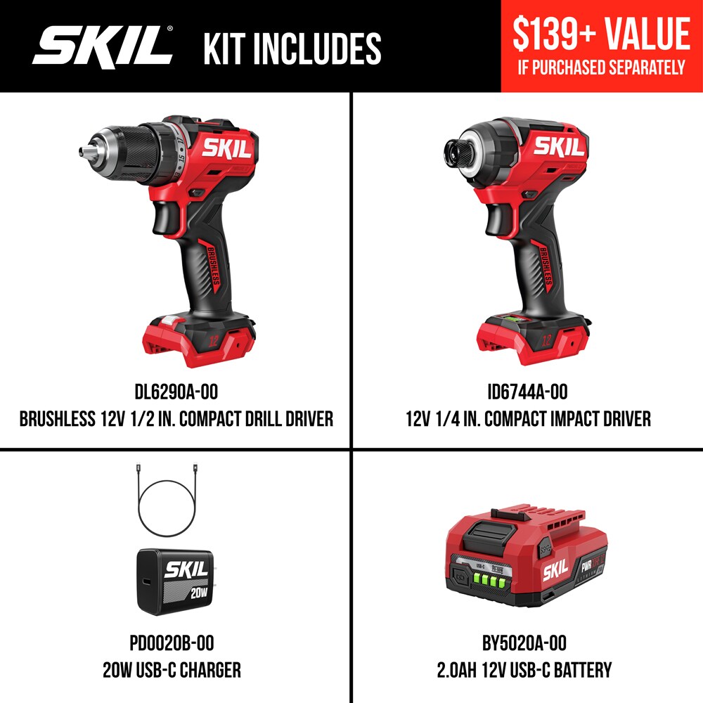SKIL 12-volt 2-Tool Brushless Power Tool Combo Kit (1-Battery Included ...