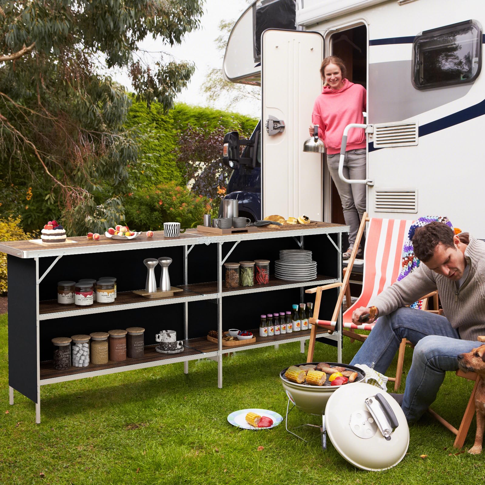 Volenca 81-in W 32.5-in H Aluminum Folding Picnic Table 2-Tier Shelves ...