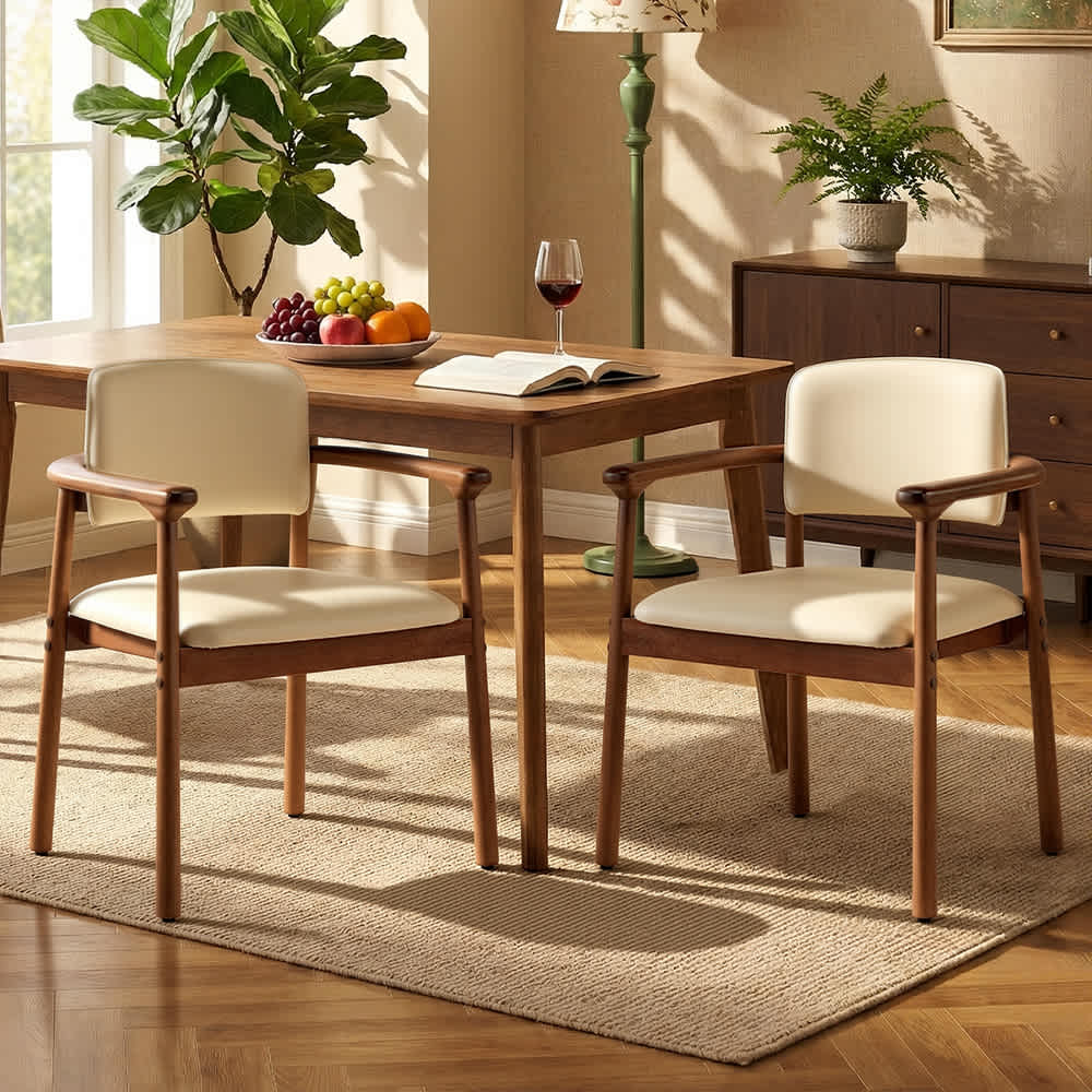 Coolbibila Set of 2 Dark Walnut Wood Dining Chairs with Beige PU Foam ...