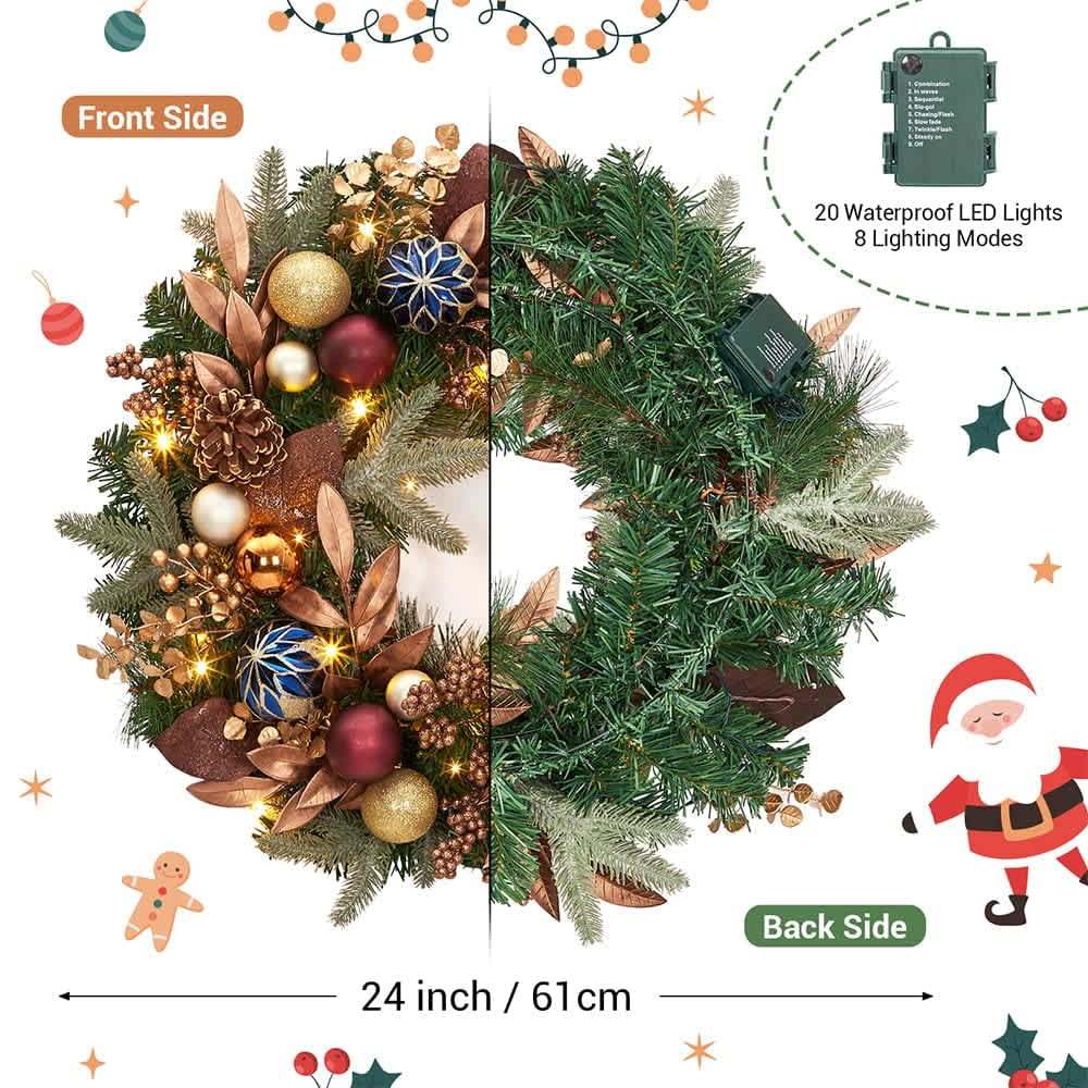 Garvee 24 Inch Lighted Christmas Wreath Pre-Lit - Artificial Xmas ...