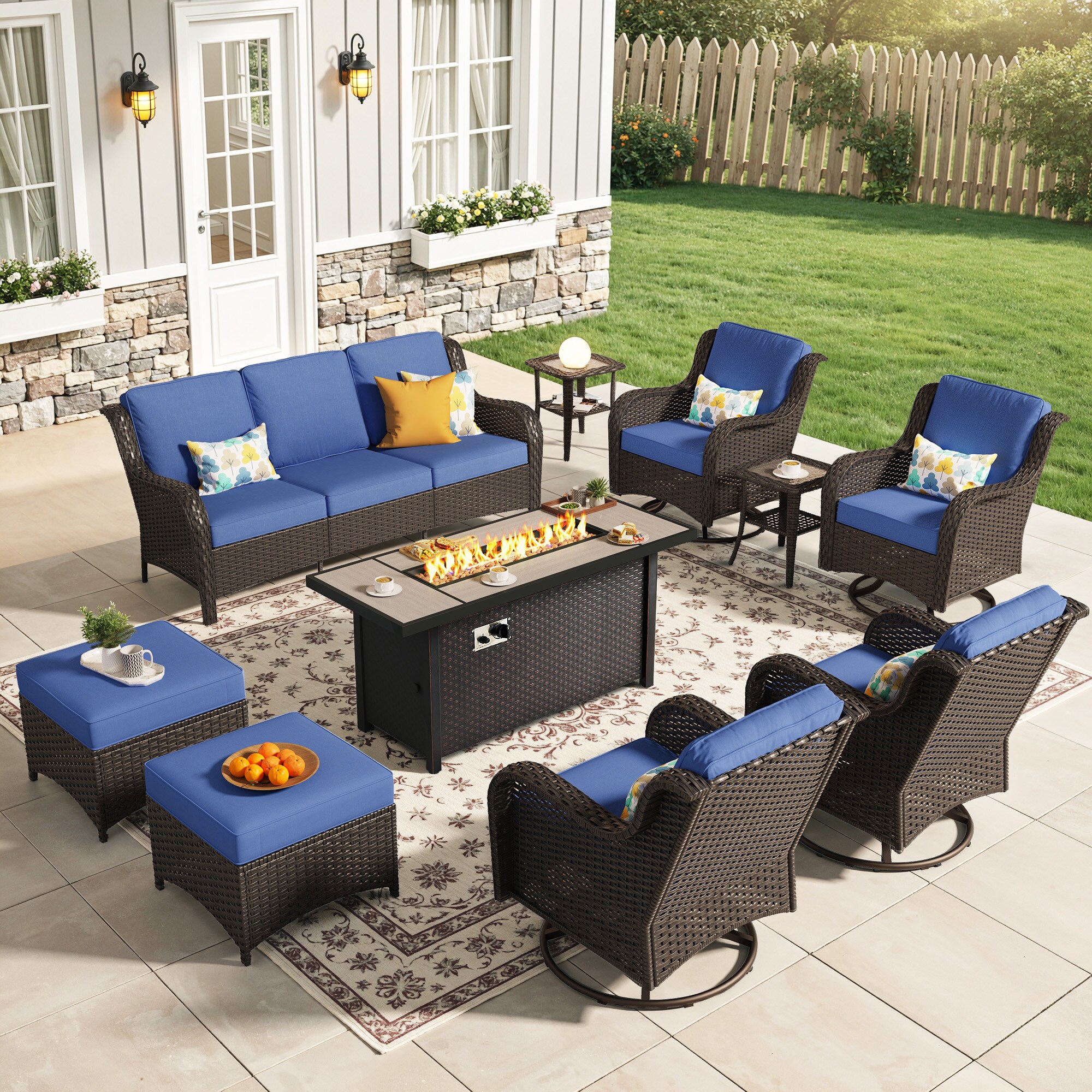 Pouuin 10 -Piece Wicker Patio Sofa Conversation Set with Navy Cushions ...