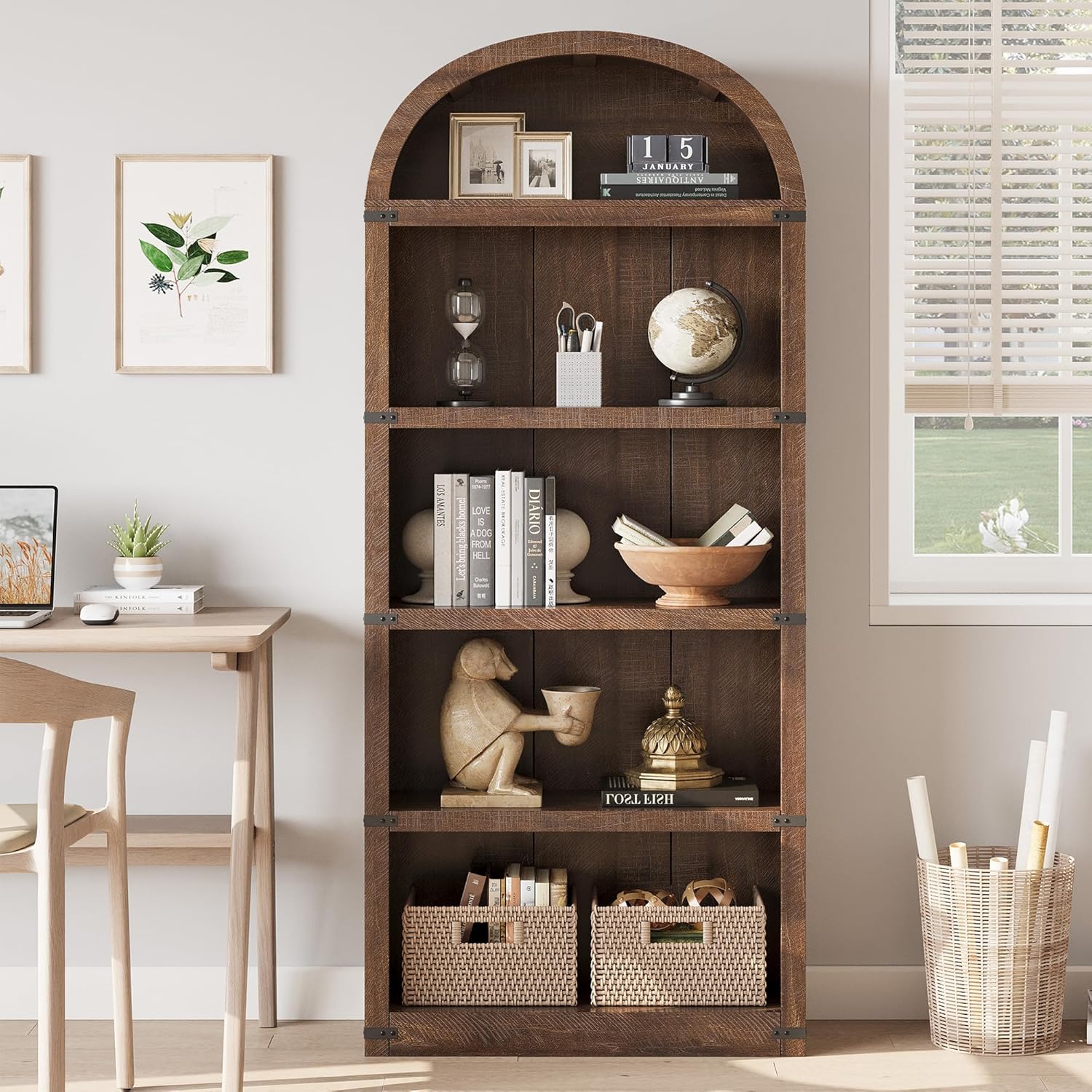 Qeetex Bookcase 5 Shelf Arched Bookshelf 71.65in Tall Bookcase ...