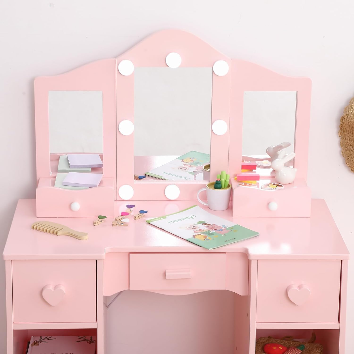 Garvee Kids Vanity Set With Tri Fold Mirror 2 In 1 Wooden Makeup Desk ...