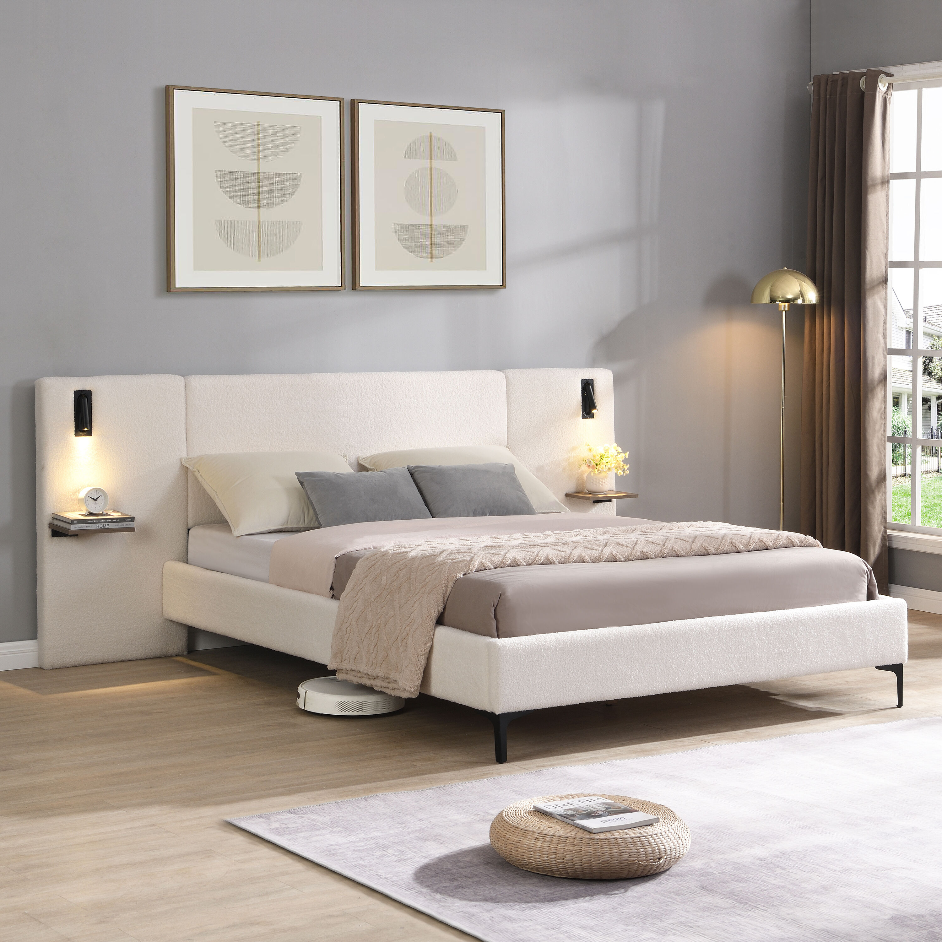 Christopher Knight Home Chic Boucle Integrated Lights/Shelves Bed Queen ...