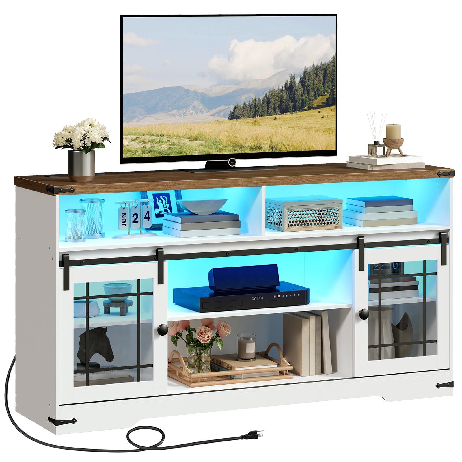 Slickblue Farmhouse White and Walnut TV Stand with Sliding Barn Doors ...