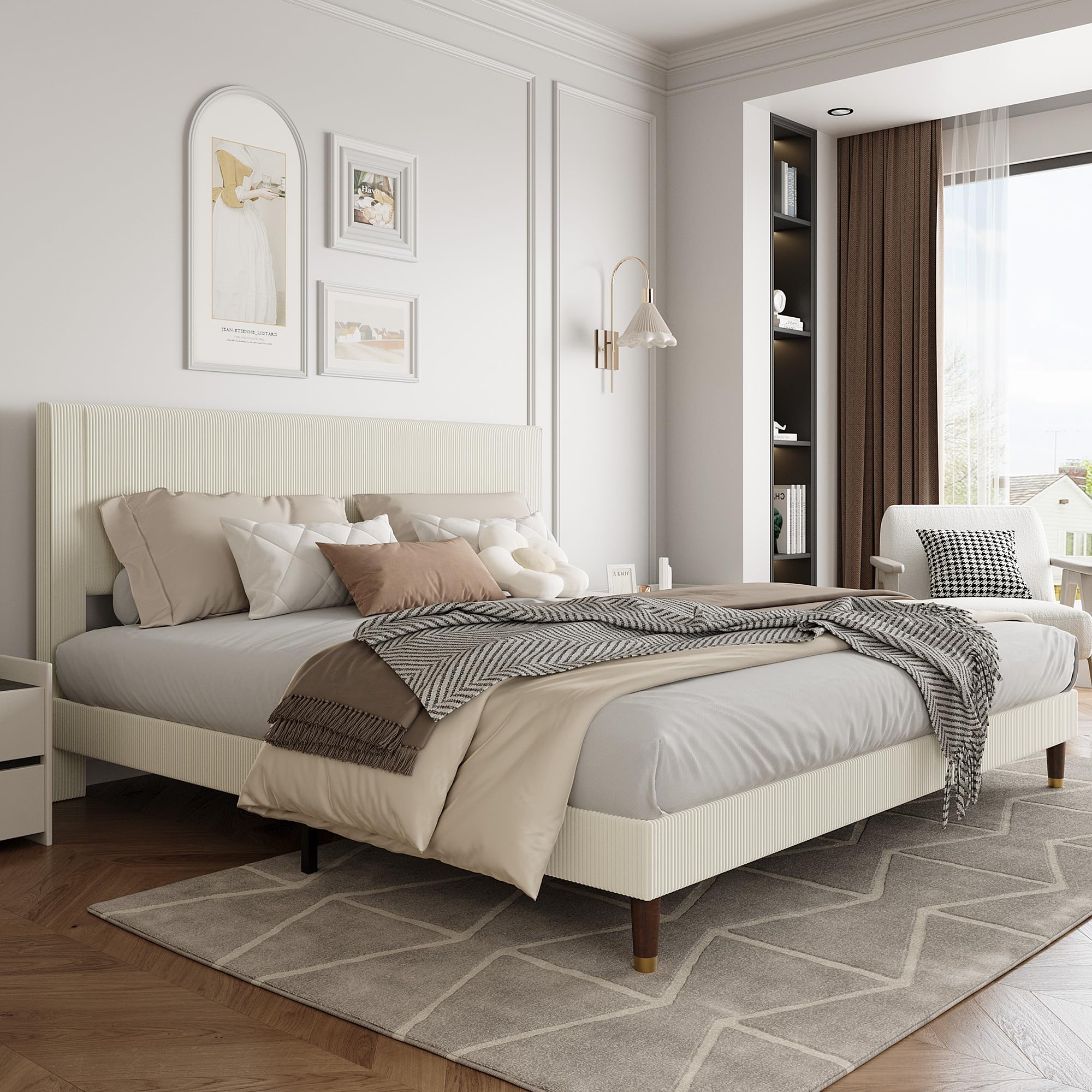 Garvee King Size Bed Frame with Upholstered Headboard Modern Fabric Bed ...