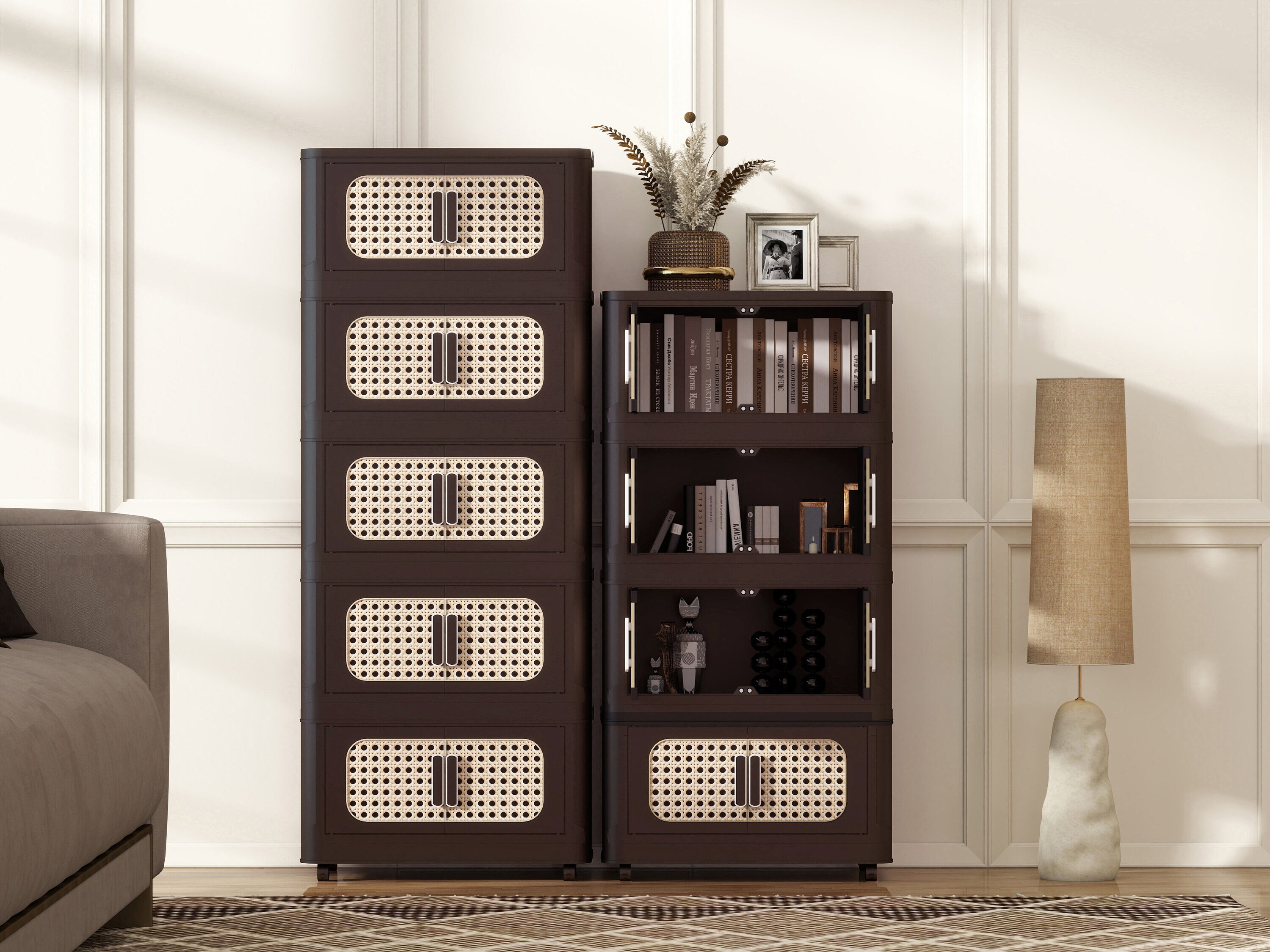 Huluwat Retro Brown 20-inch Side Wide Folding Storage Cabinet 4 Tiers ...