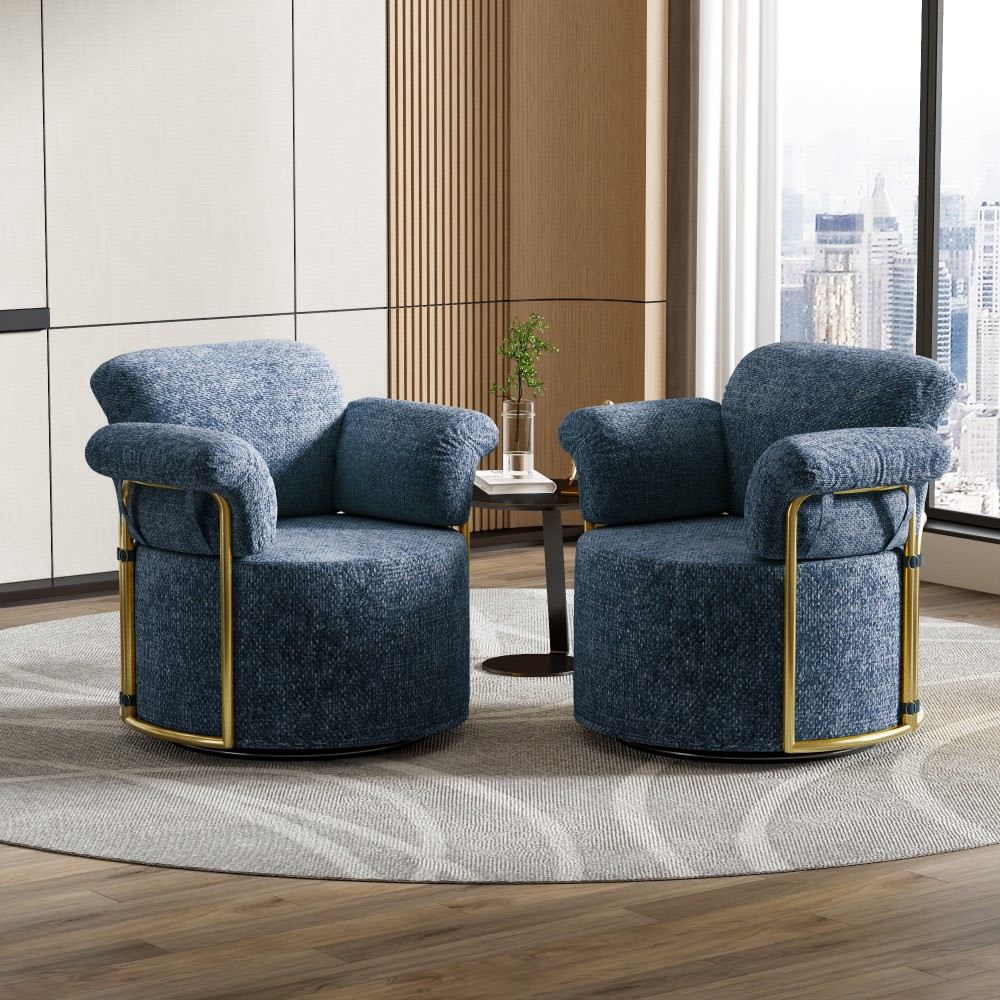 Coolbibila Blue Boucle Barrel Swivel Accent Chair with Metal Legs ...