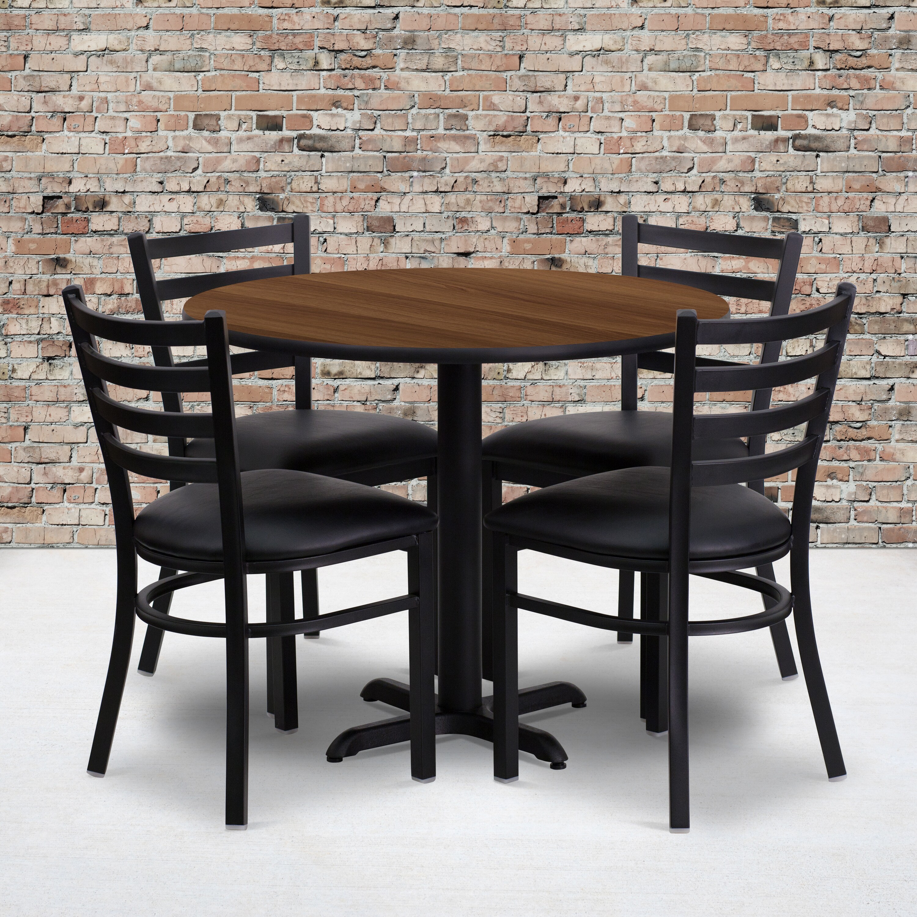 Emma + Oliver 36RD Walnut Table Set-X-Base and 4 Ladder Back Chairs ...