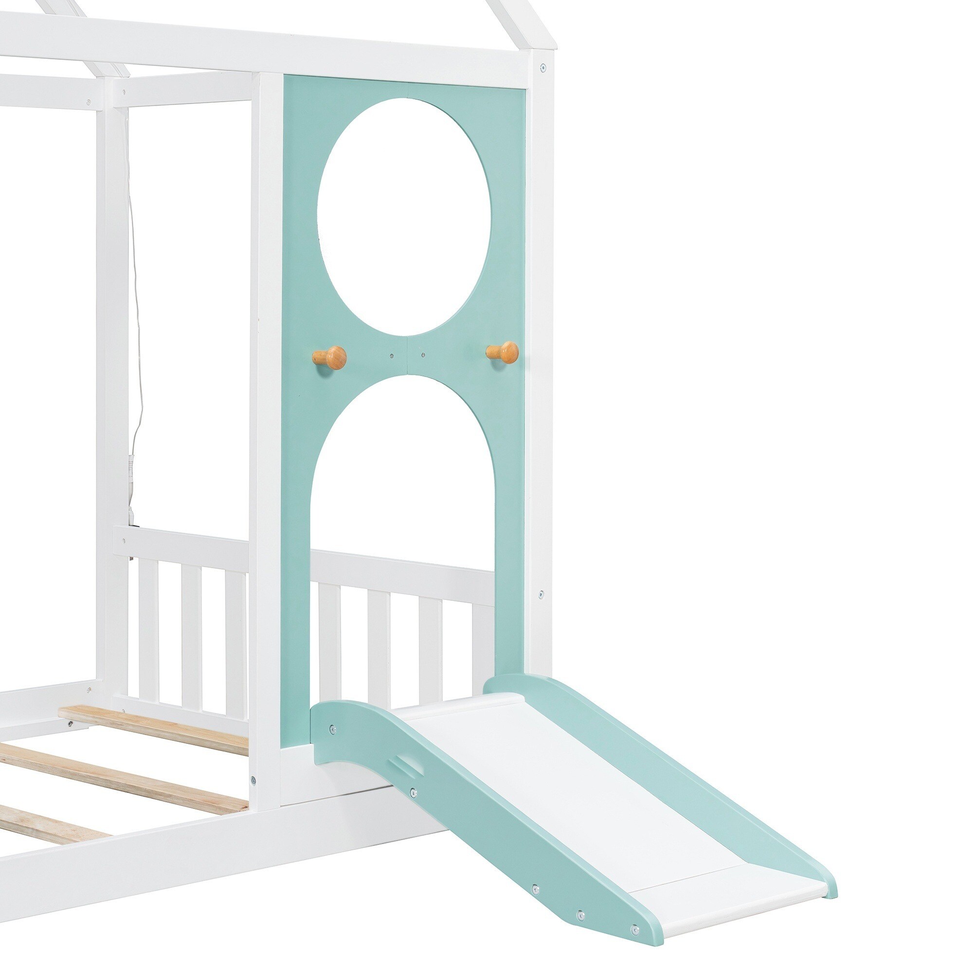 UOI Twin Size Blue Wooden House Bed with Slide and Ball Light Strip ...