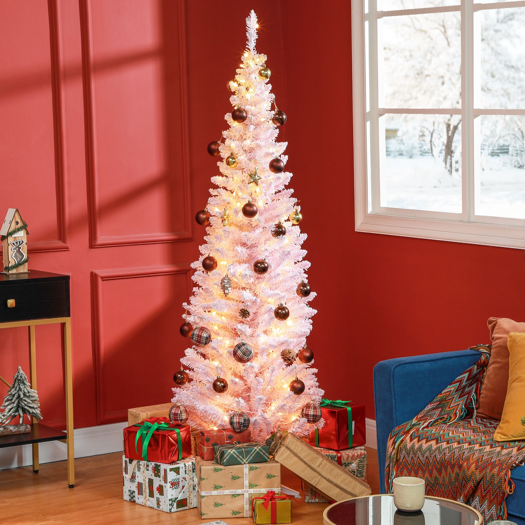 HomCom 6ft Tall Pre-Lit Slim Noble Fir Artificial Pencil Christmas Tree ...