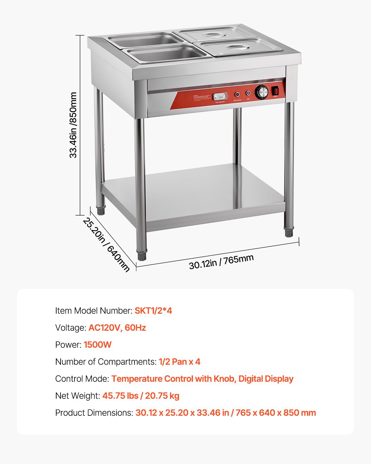 Mecale 4-Pan 201 Stainless Steel Freestanding Commercial Steam Table ...