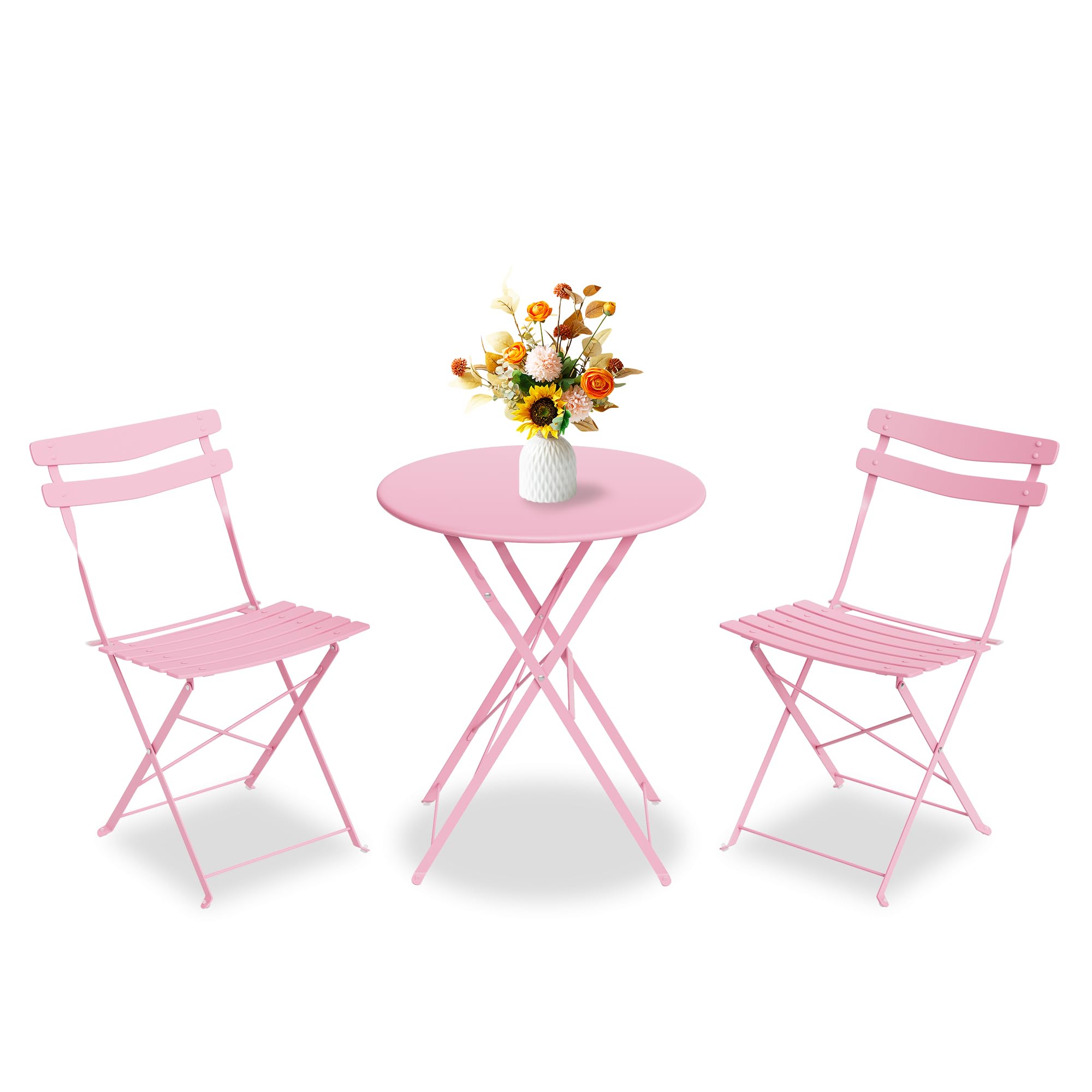 GarveeLife 3-Piece Pink Folding Metal Patio Bistro Set Outdoor Foldable ...