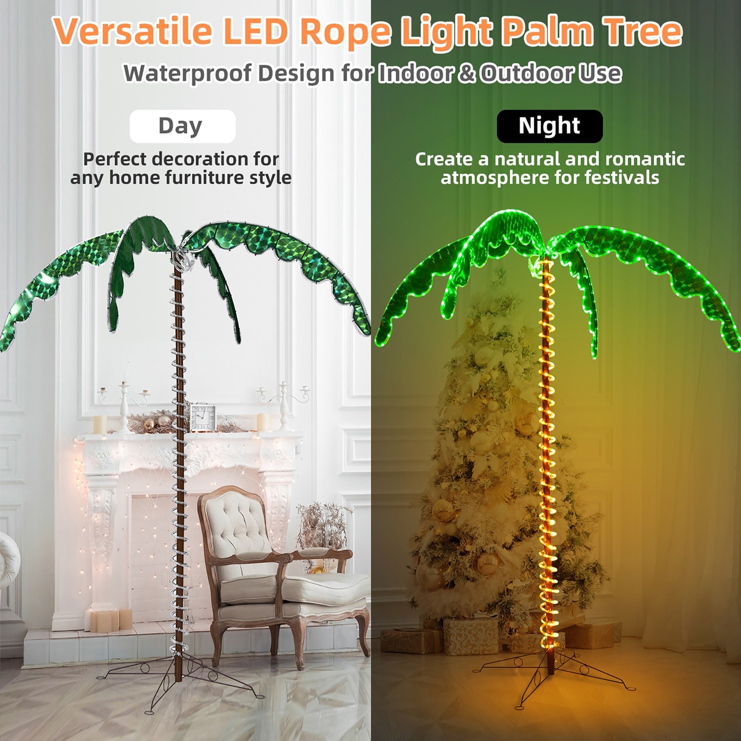 Costway 2PCS 5 FT and 7 FT Tropical LED Rope Light Palm Trees Pre-Lit ...