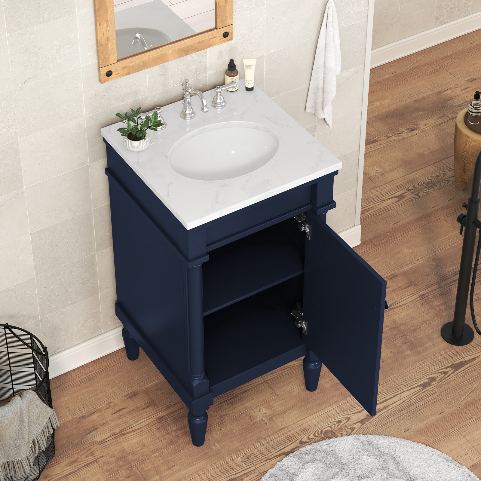 Serwall 19 in Dark Blue Single Ceramic Sink Bathroom Vanity with Quartz ...