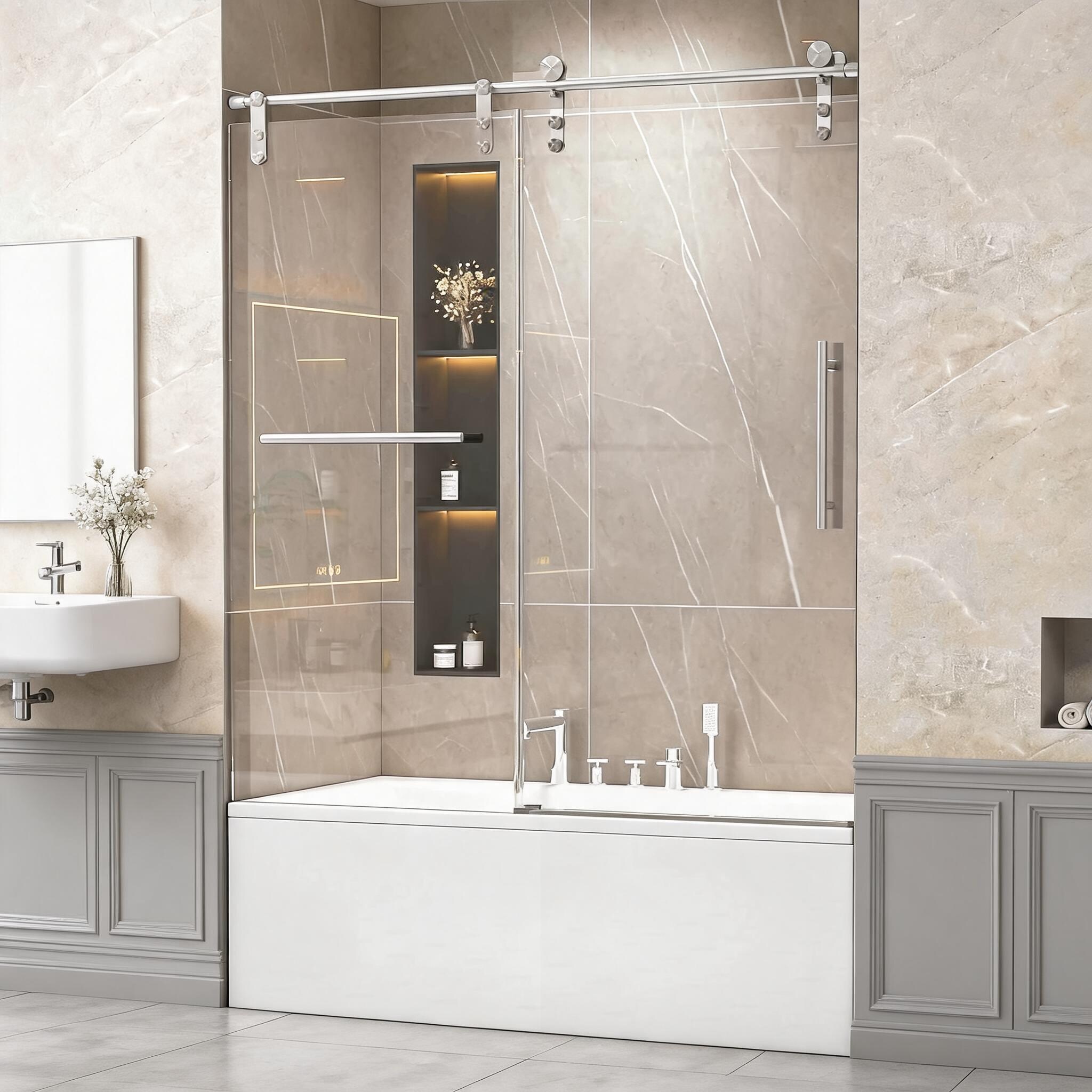 Watnature Frameless Single Sliding Shower Door With Towel Rail 5 or 16 ...