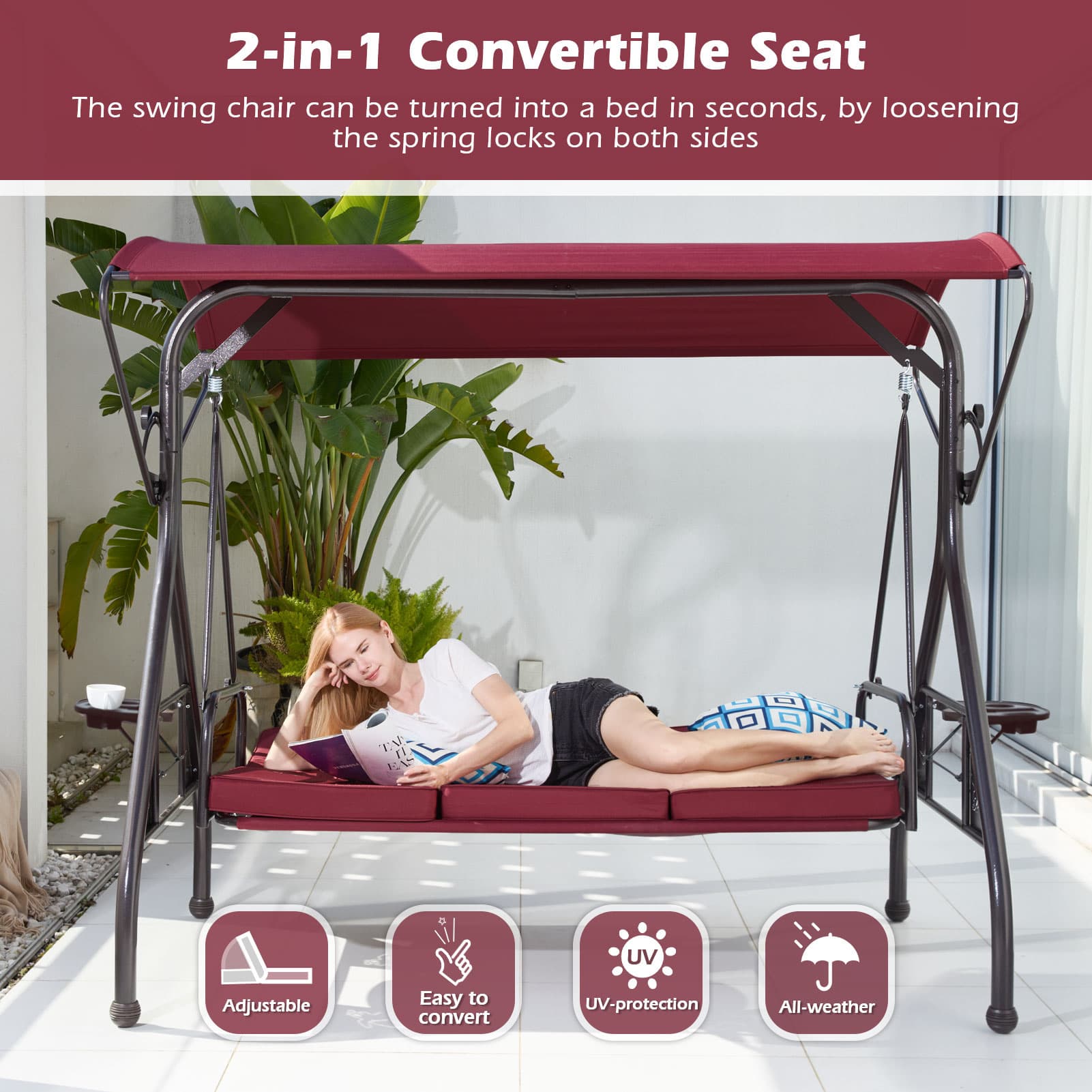 Rbied 3-Seat 800LBS Patio Swing with Canopy Stand Cup Holder Pillow ...