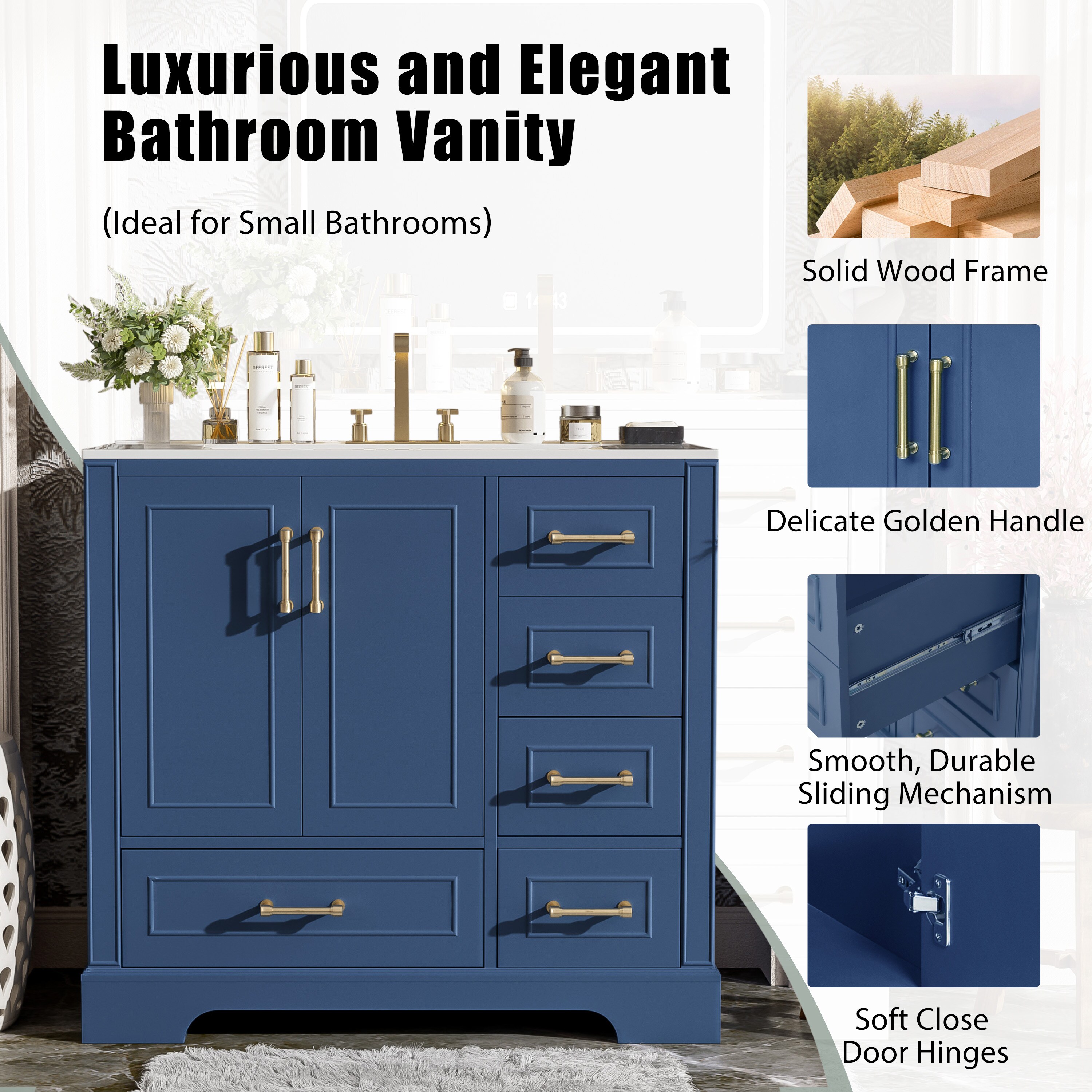 LOVMOR 36Inch Traditional Bathroom Vanity with Ceramics Sink Blue ...