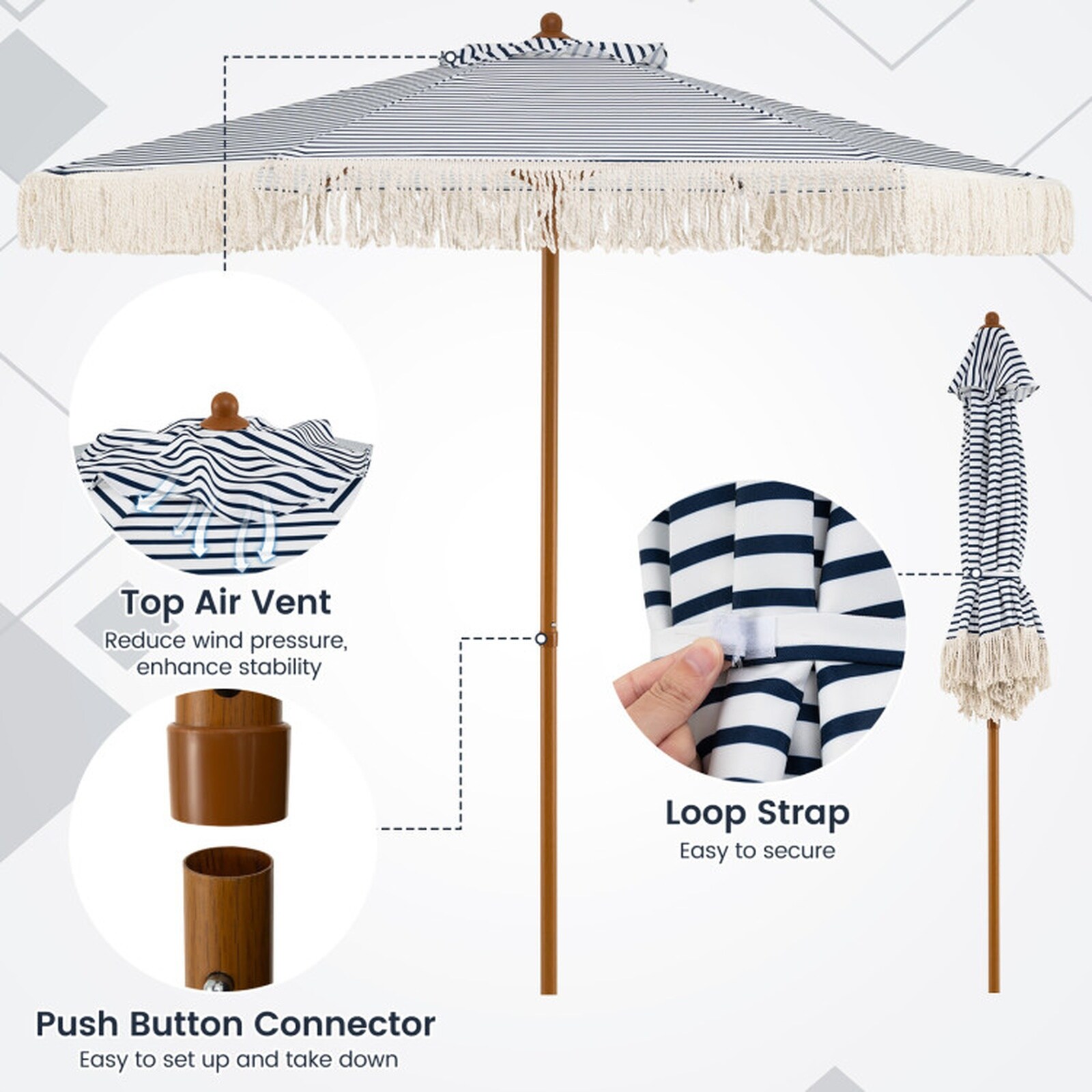 SUGIFT 7-ft Patio Umbrella with Fringe Sun-Protective Beach Umbrella ...