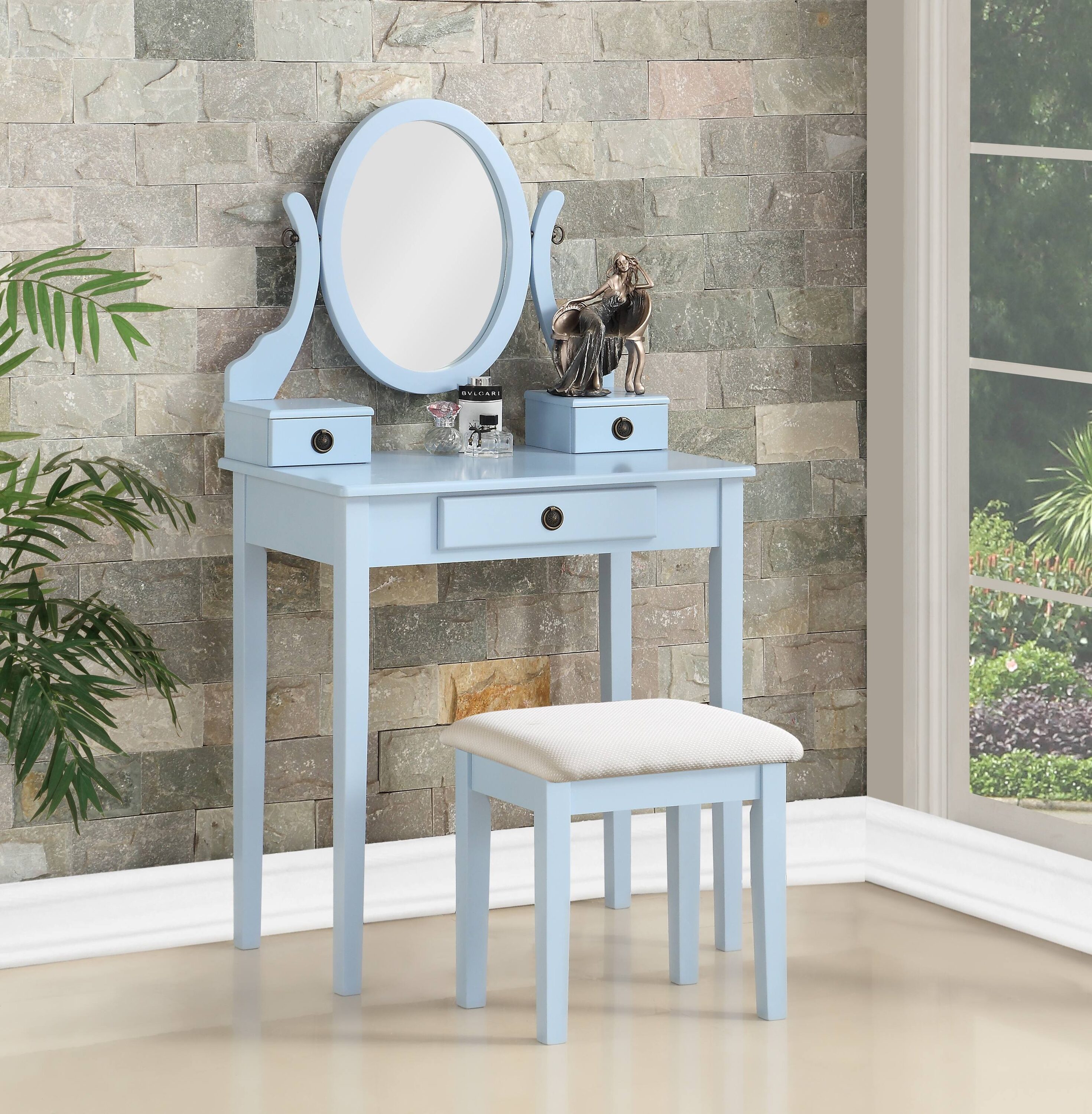 Dexmalle Sky Blue Wood Makeup Vanity Table and Stool Set in the Makeup ...