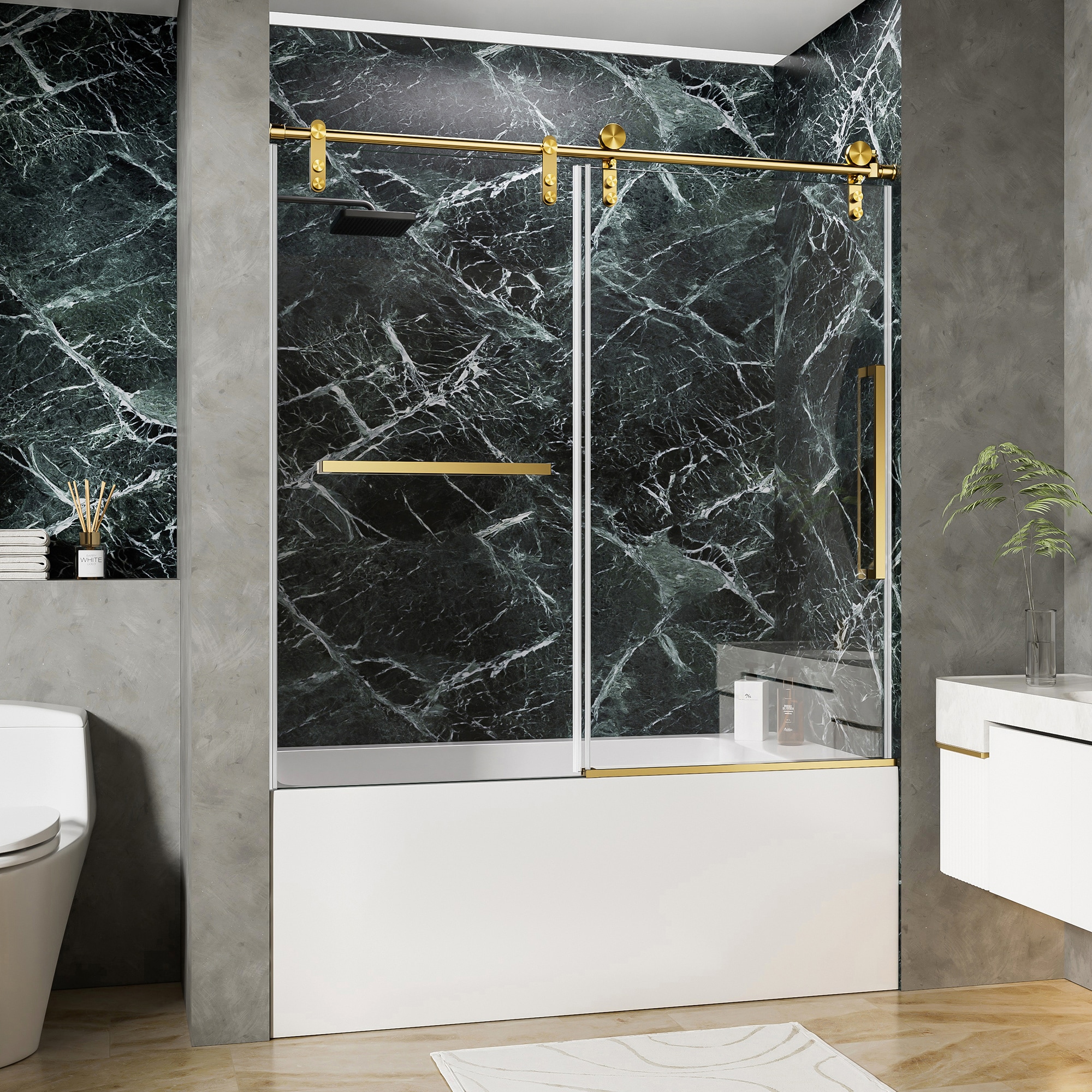 Huluwat 60 Inches W X 60 Inches H Brushed Gold Frameless Single Sliding ...
