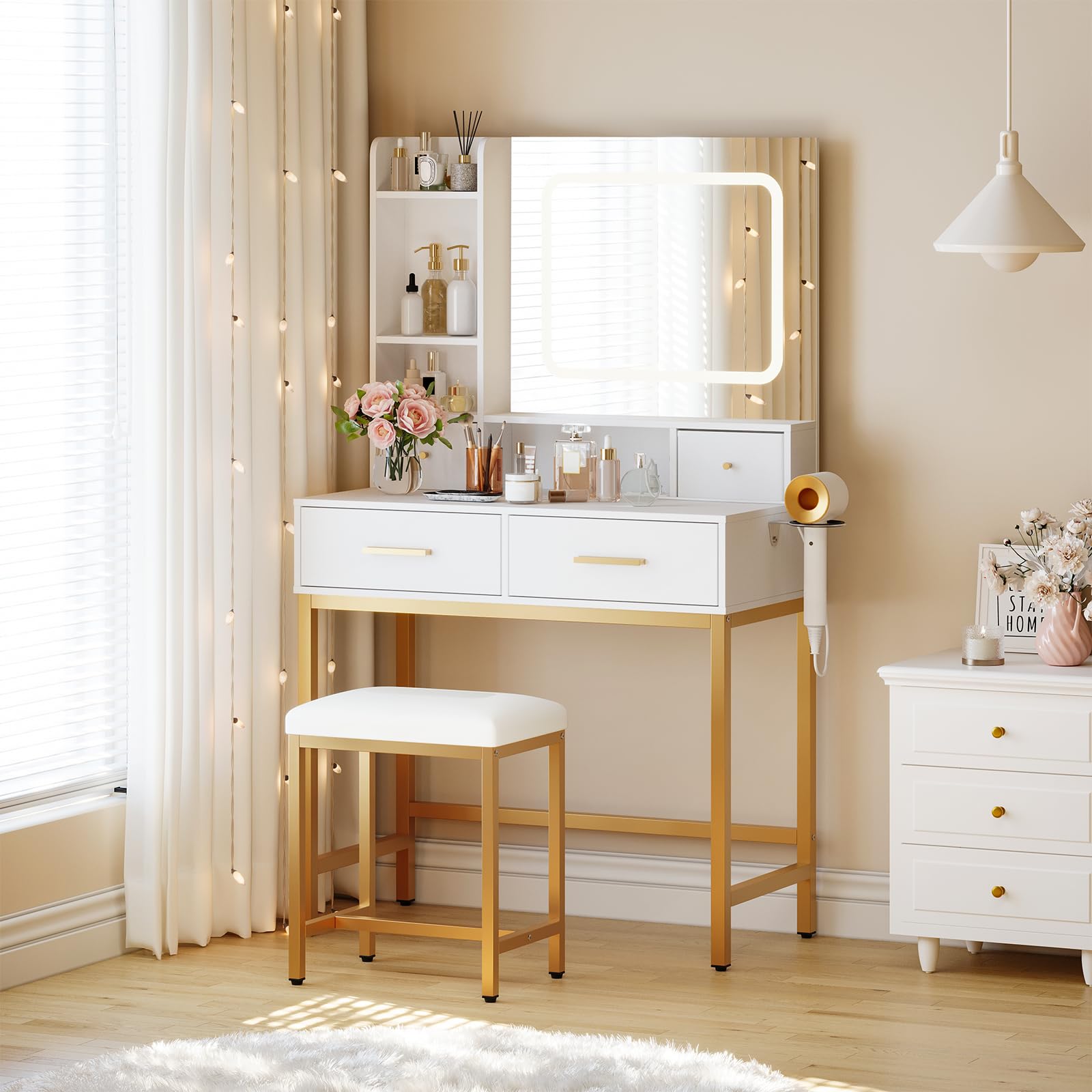 Garvee Vanity Table With LED Mirror And Electrical Outlets Three Color ...