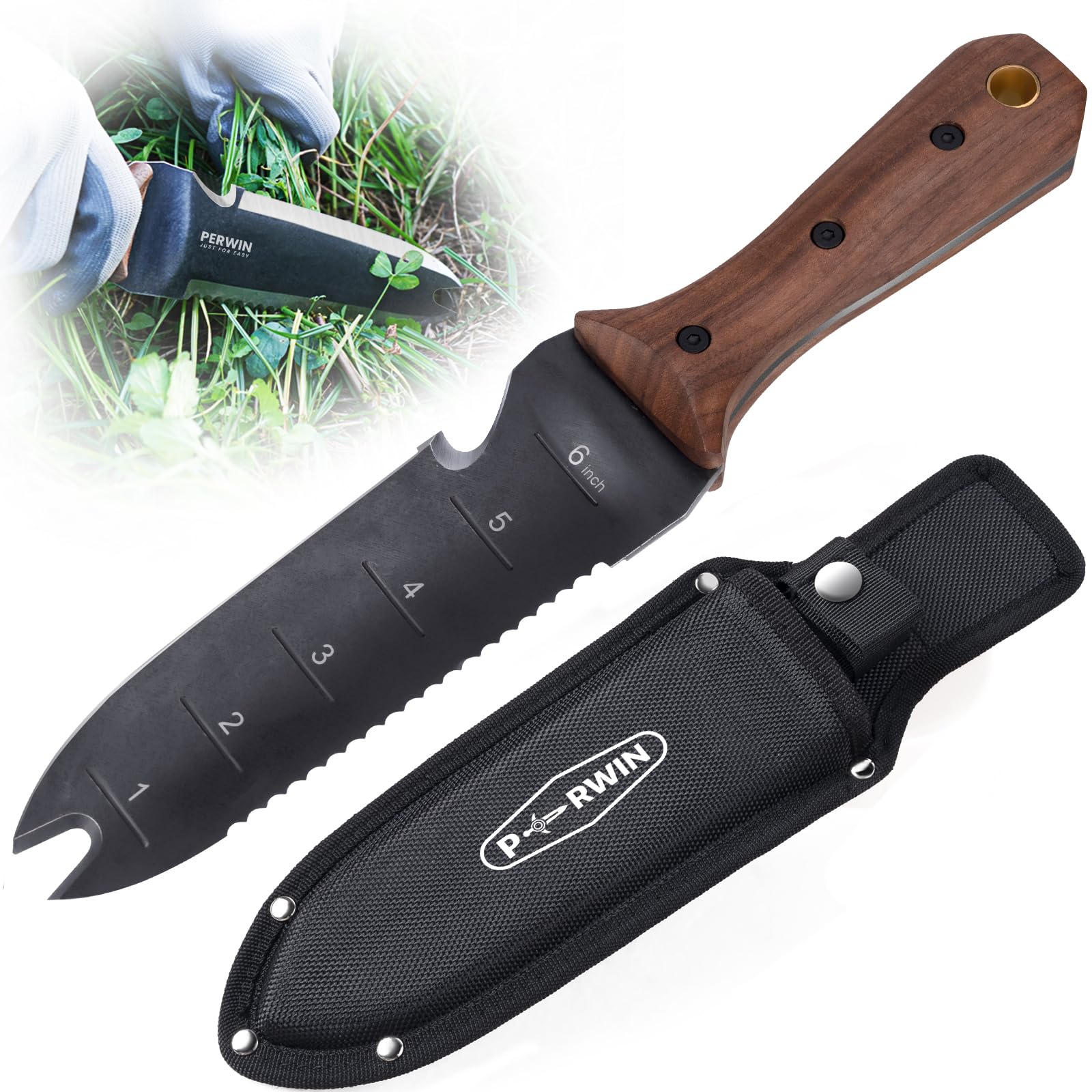OGETFUUR 5 in. Double Forked Tip Hori Hori Garden Knife Walnut Wood ...